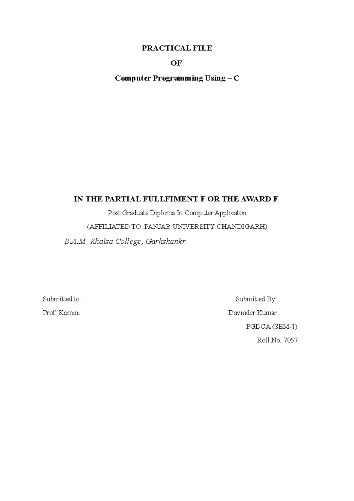 Practical File C Practical File Of Computer Programming Using C In 2969
