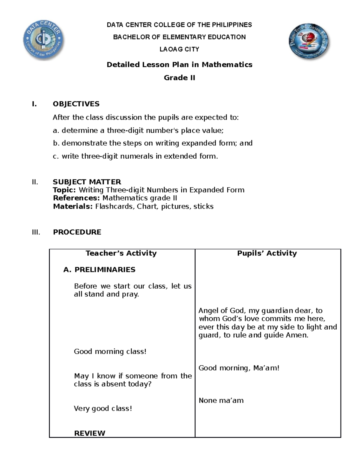Detailed-Lesson-Plan-in-Mathematics-Grade-II - DATA CENTER COLLEGE OF ...