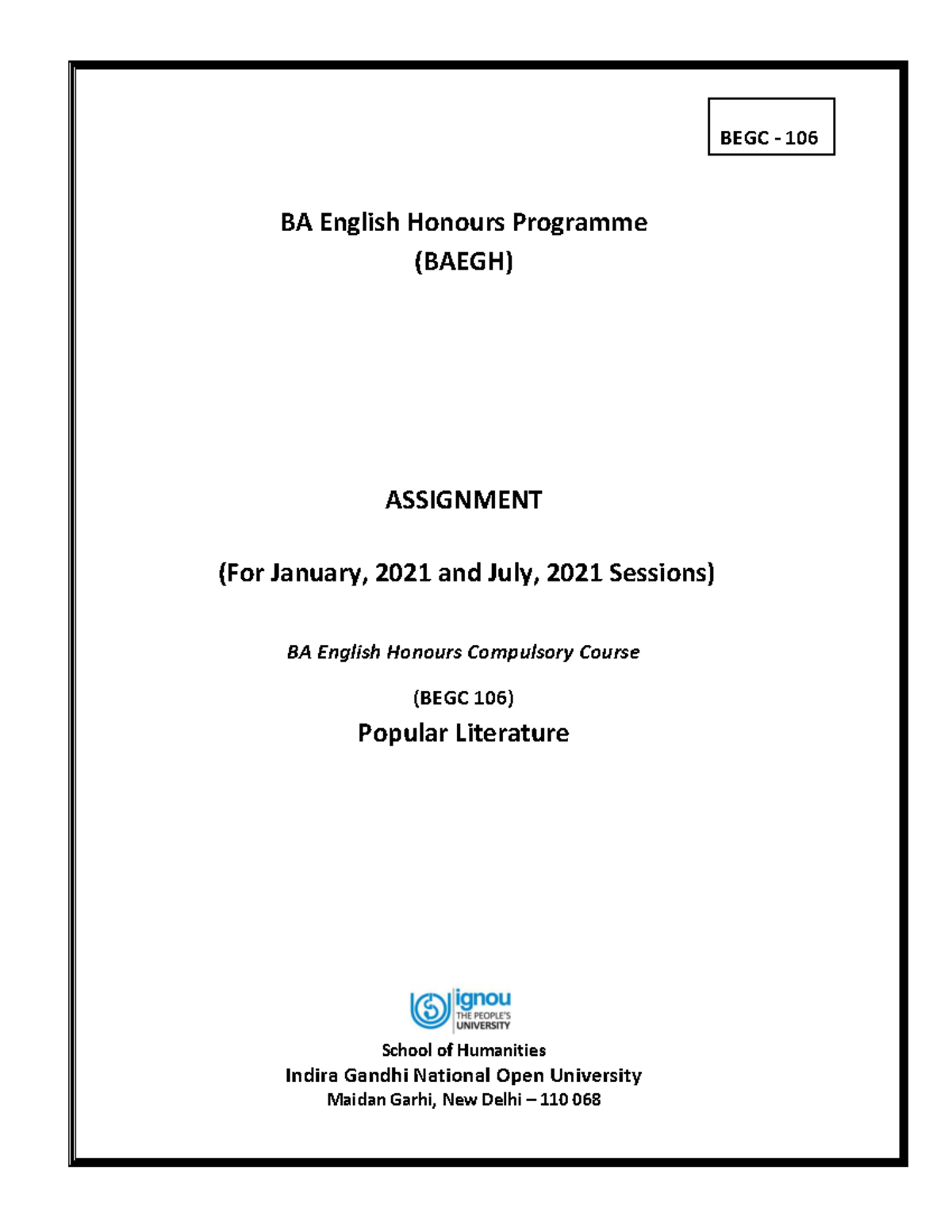 2021 Jan July TMA BEGC 106 Popular Literature (1) - BA English Honours ...