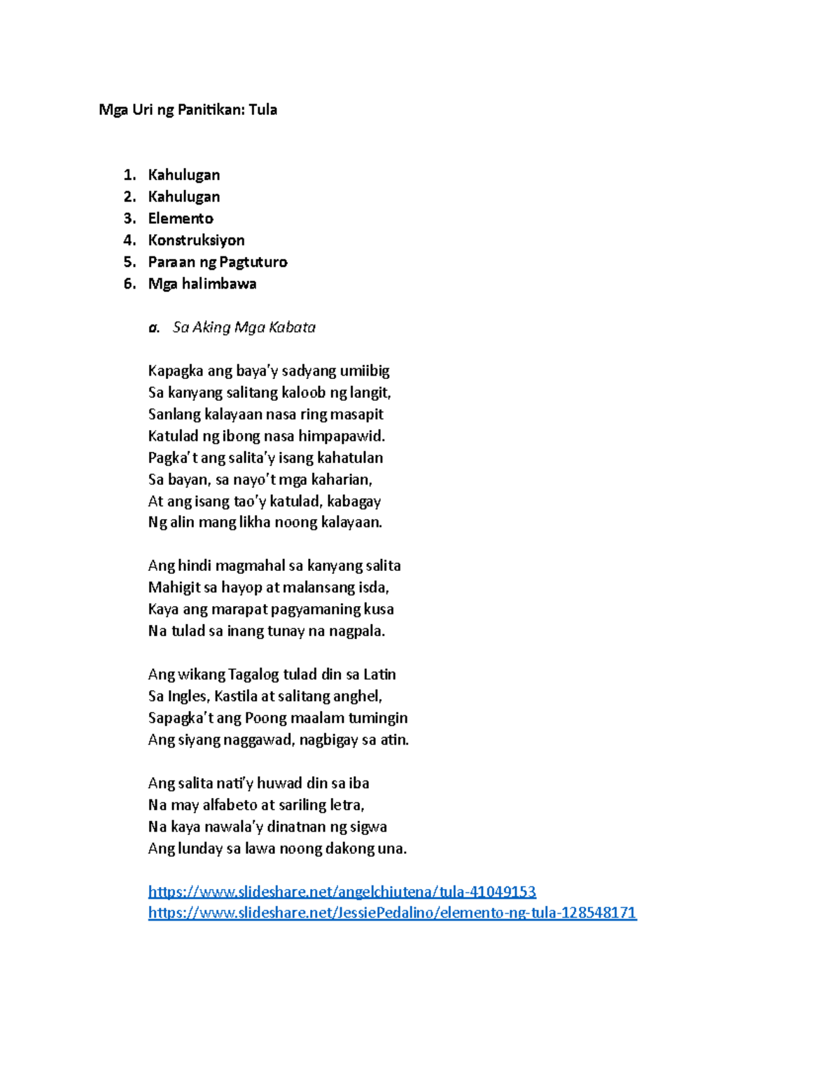 Mga Uri ng Panitikan - none - Mga Uri ng Panitikan: Tula Kahulugan ...