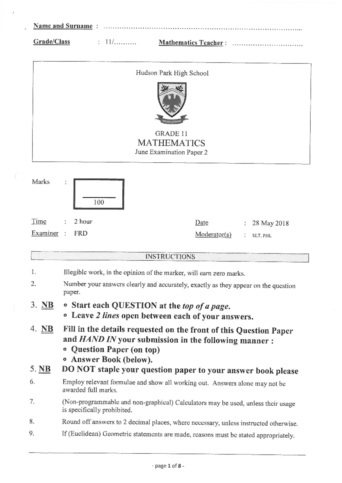 Grade 11 2018 June Maths Paper 2 - Studocu