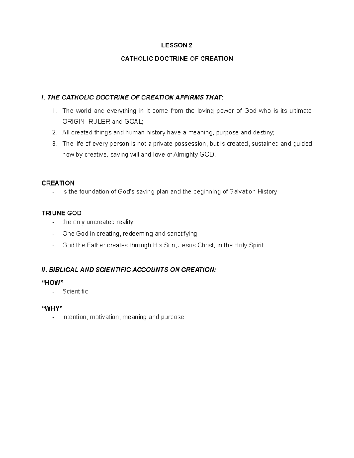 Witsci lesson 2 doctrine of creation - LESSON 2 CATHOLIC DOCTRINE OF ...