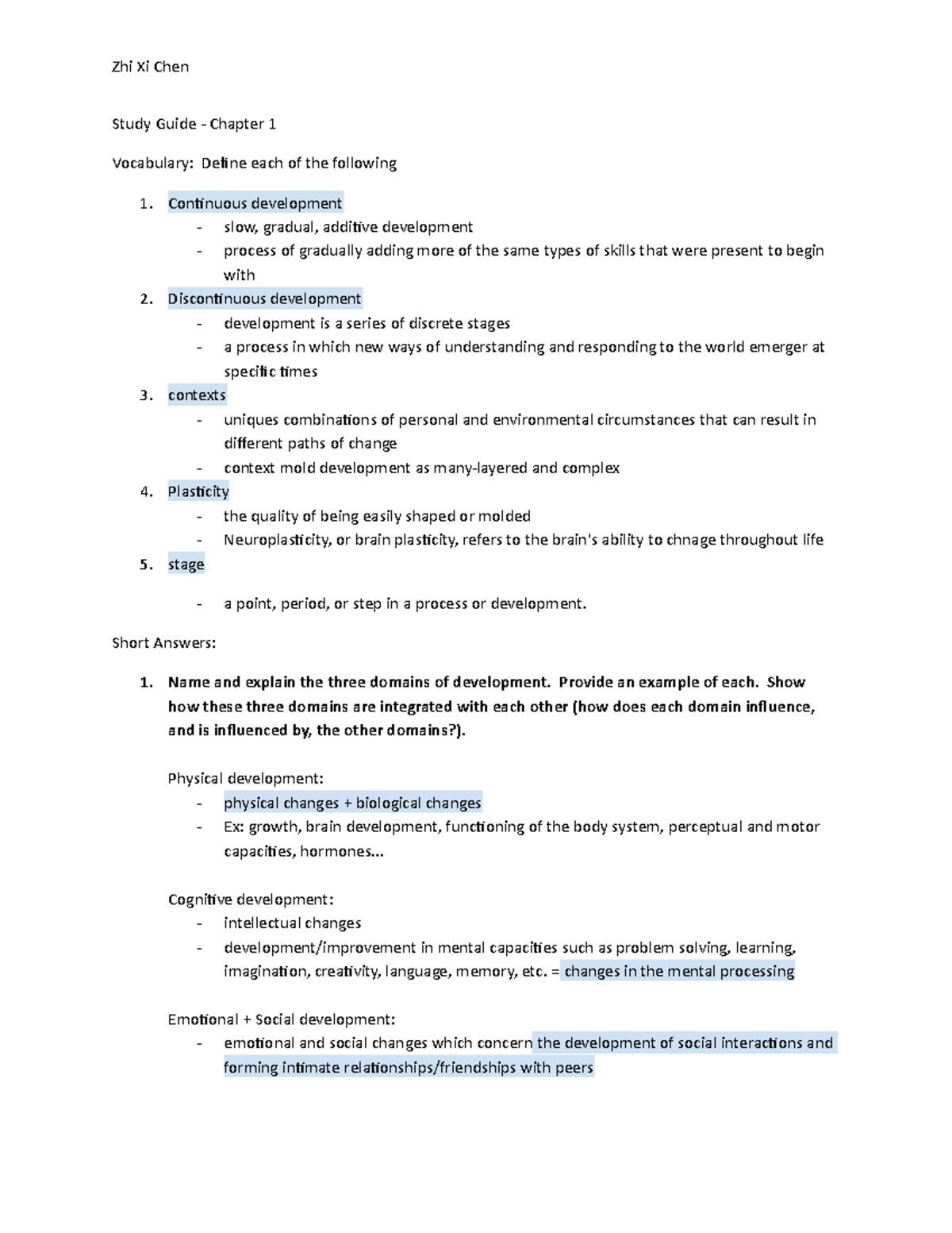Study Guide chapter 1 berk - Study Guide - Chapter 1 Vocabulary: Define ...