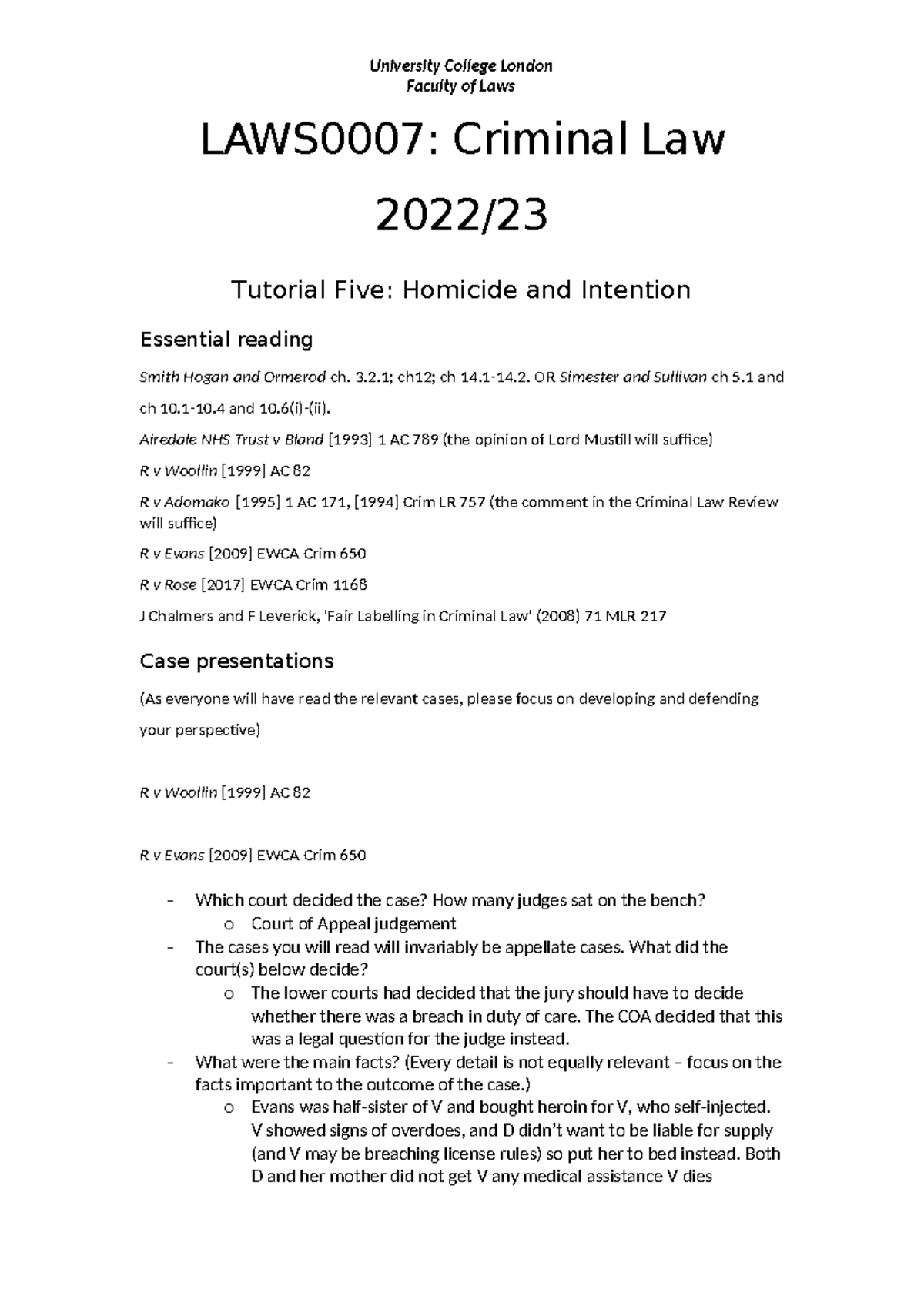 Tutorials T2 22-23 - Criminal tutroial work - University College London Faculty of Laws LAWS0007 ...