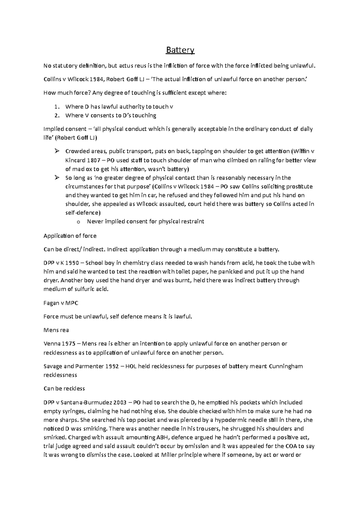 Battery - Battery No statutory definition, but actus reus is the ...