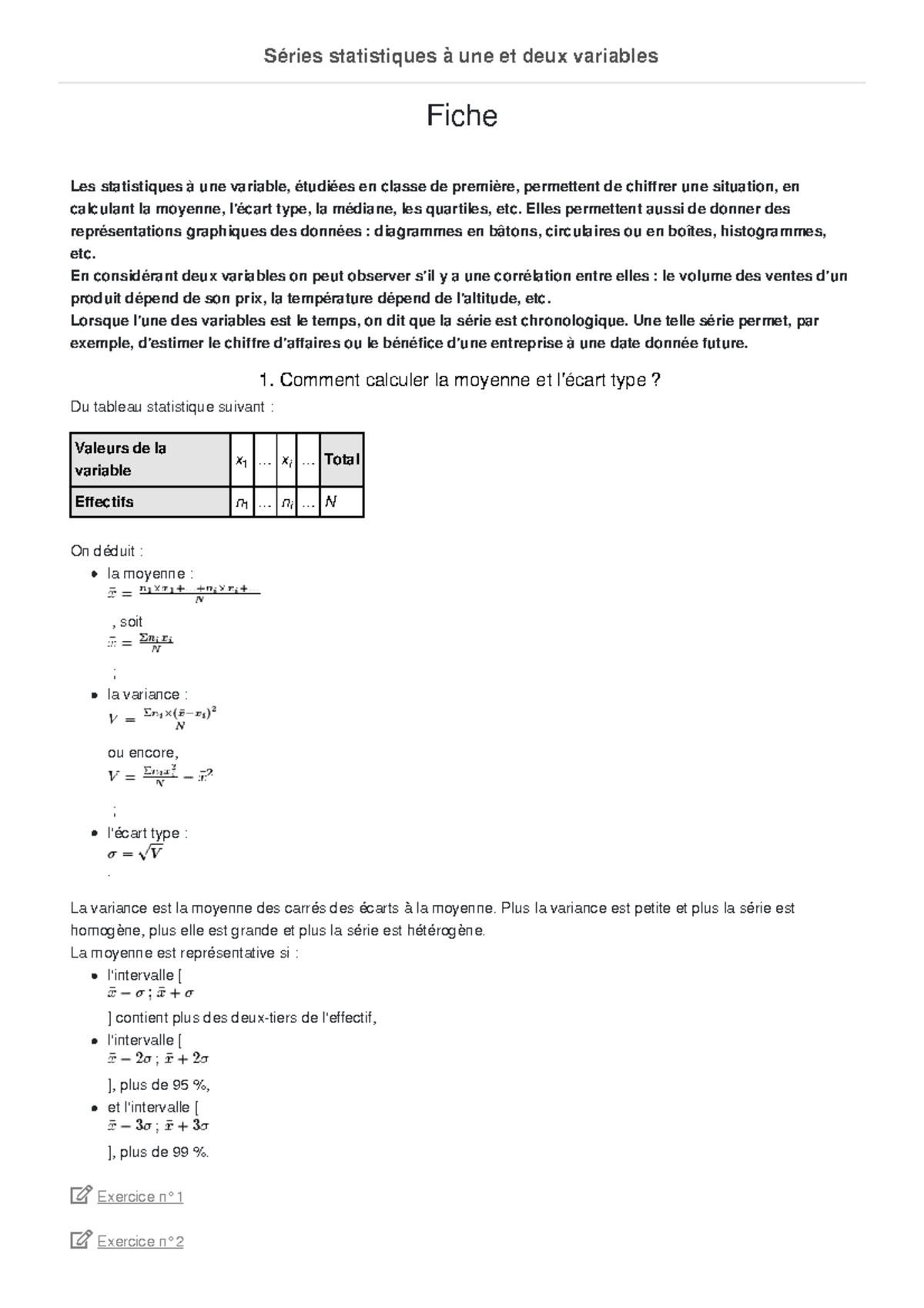 maths series statistiques a une et deux variables - Fiche Les statistiques à une variable ...