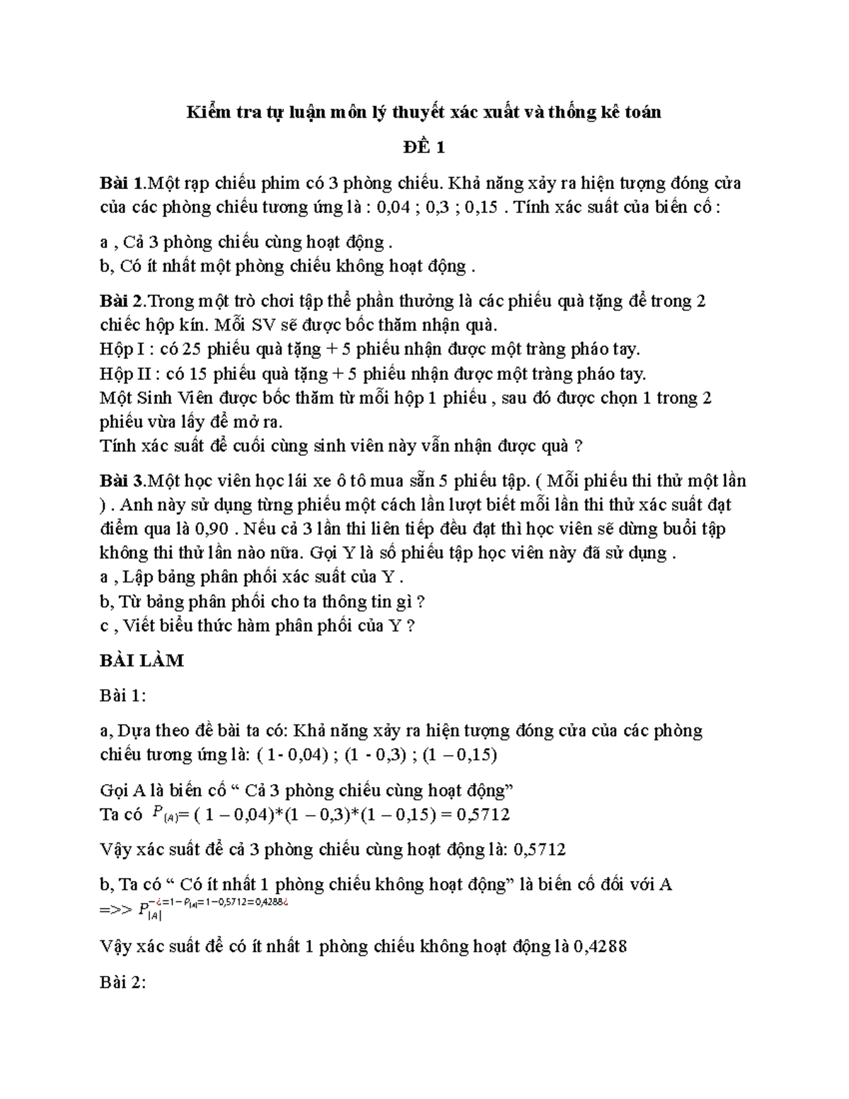 Kiểm tra tự luận môn lý thuyết xác xuất và thống kê toán - Kiểm tra tự ...