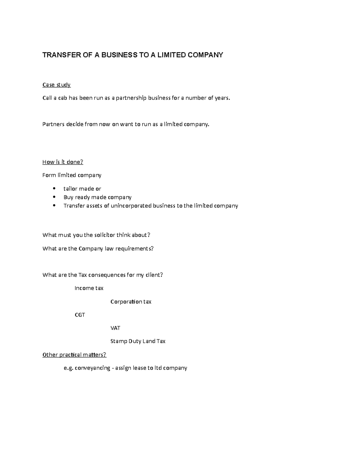 Transfer Of Business TRANSFER OF A BUSINESS TO A LIMITED COMPANY Case transfer-of-business-transfer-of-a-business-to-a-limited-company-case