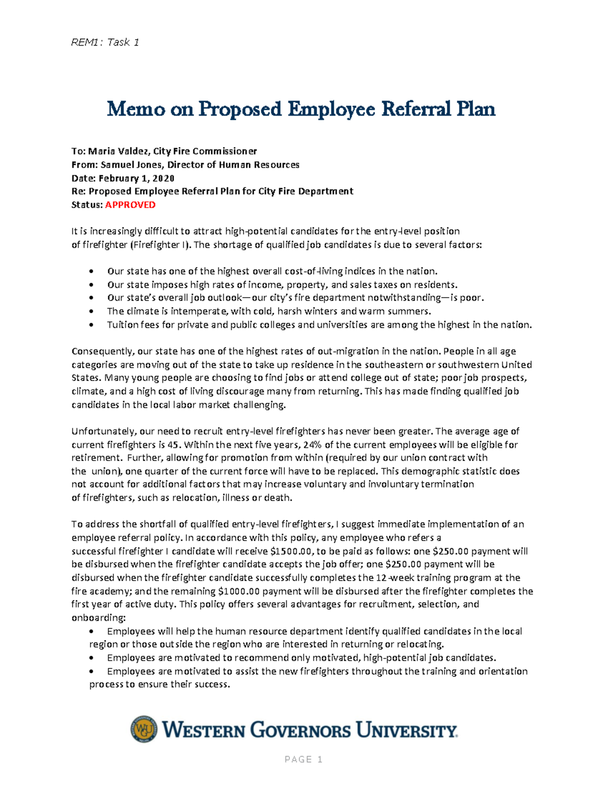Memo on Proposed Employee Referral Plan - The shortage of qualified job ...