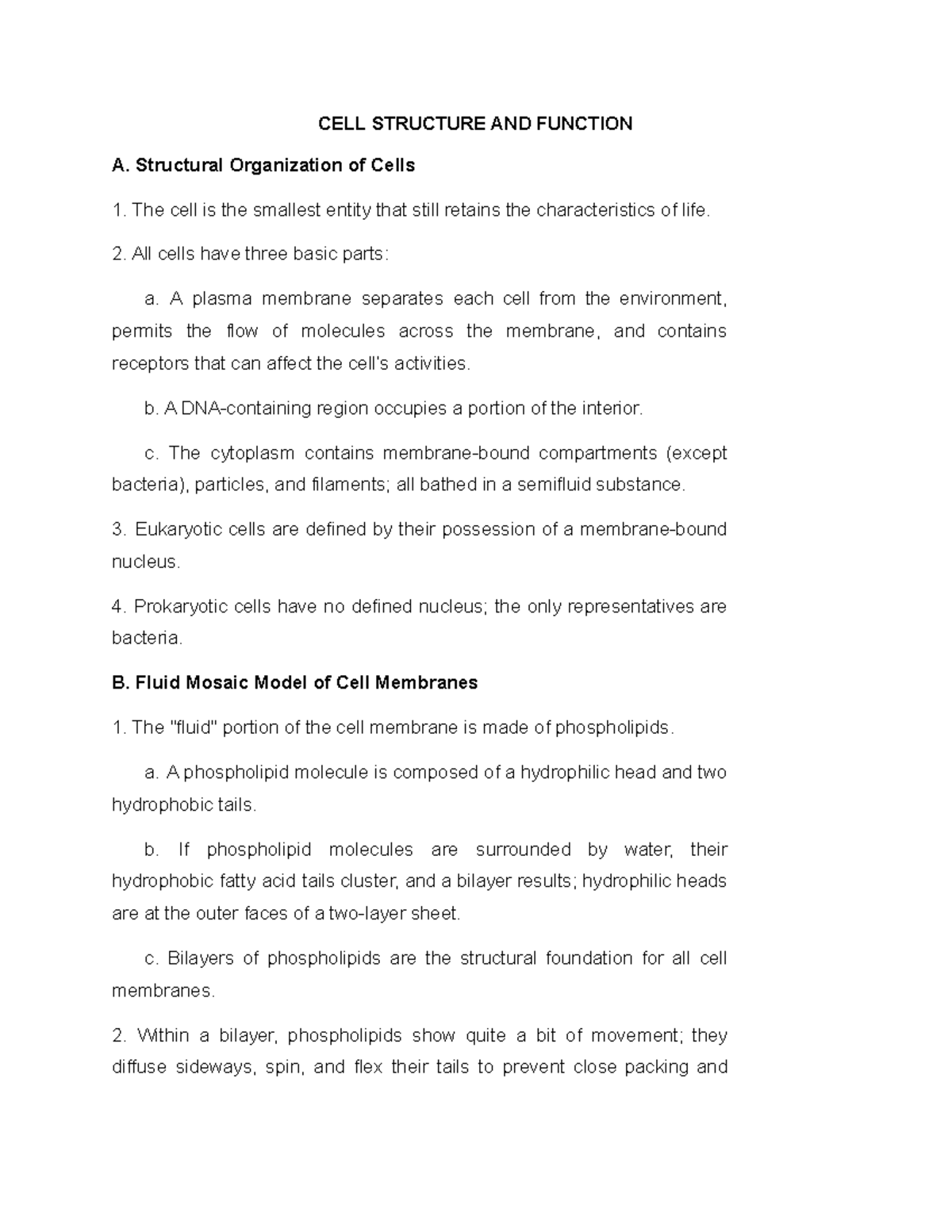 CELL Structure AND Function - CELL STRUCTURE AND FUNCTION A. Structural ...