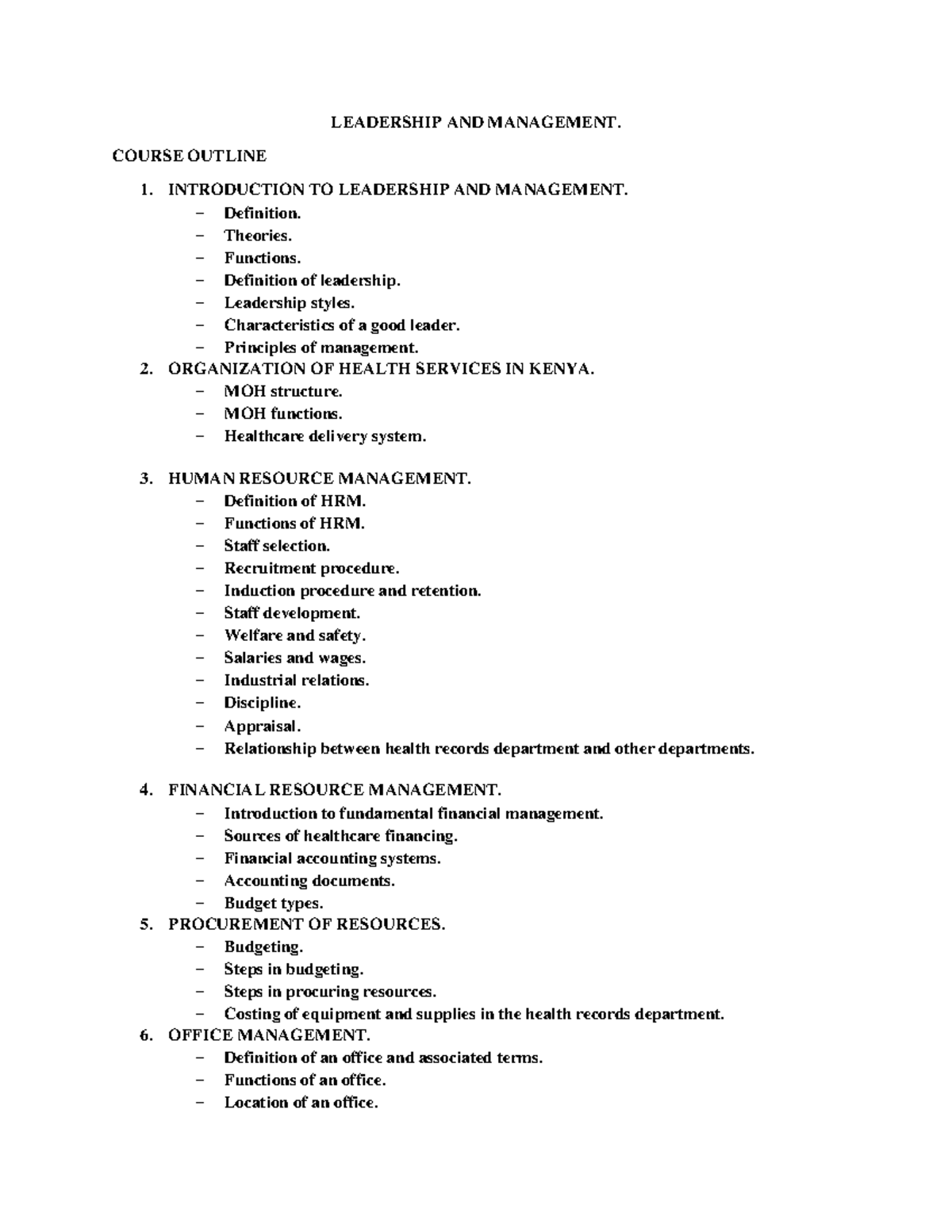Leadership & Management Notes - LEADERSHIP AND MANAGEMENT. COURSE ...