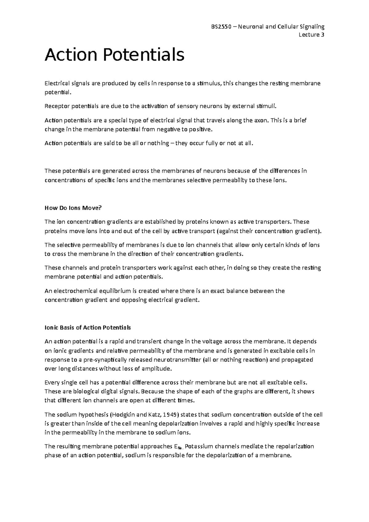 3 - Action Potentials - Lecture notes 3 - BS2550 – Neuronal and ...