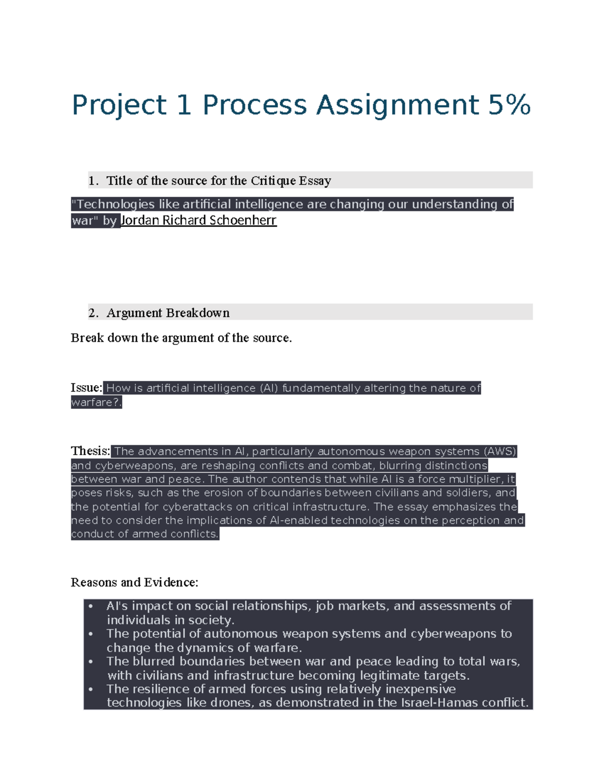 Project 1 Process Assignment - Project 1 Process Assignment 5% 1. Title of the source for the ...