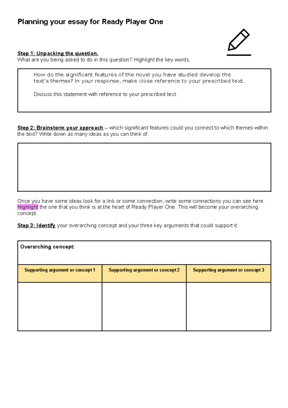 Ready Player One Essay Planning Sheet - Planning your essay for Ready ...