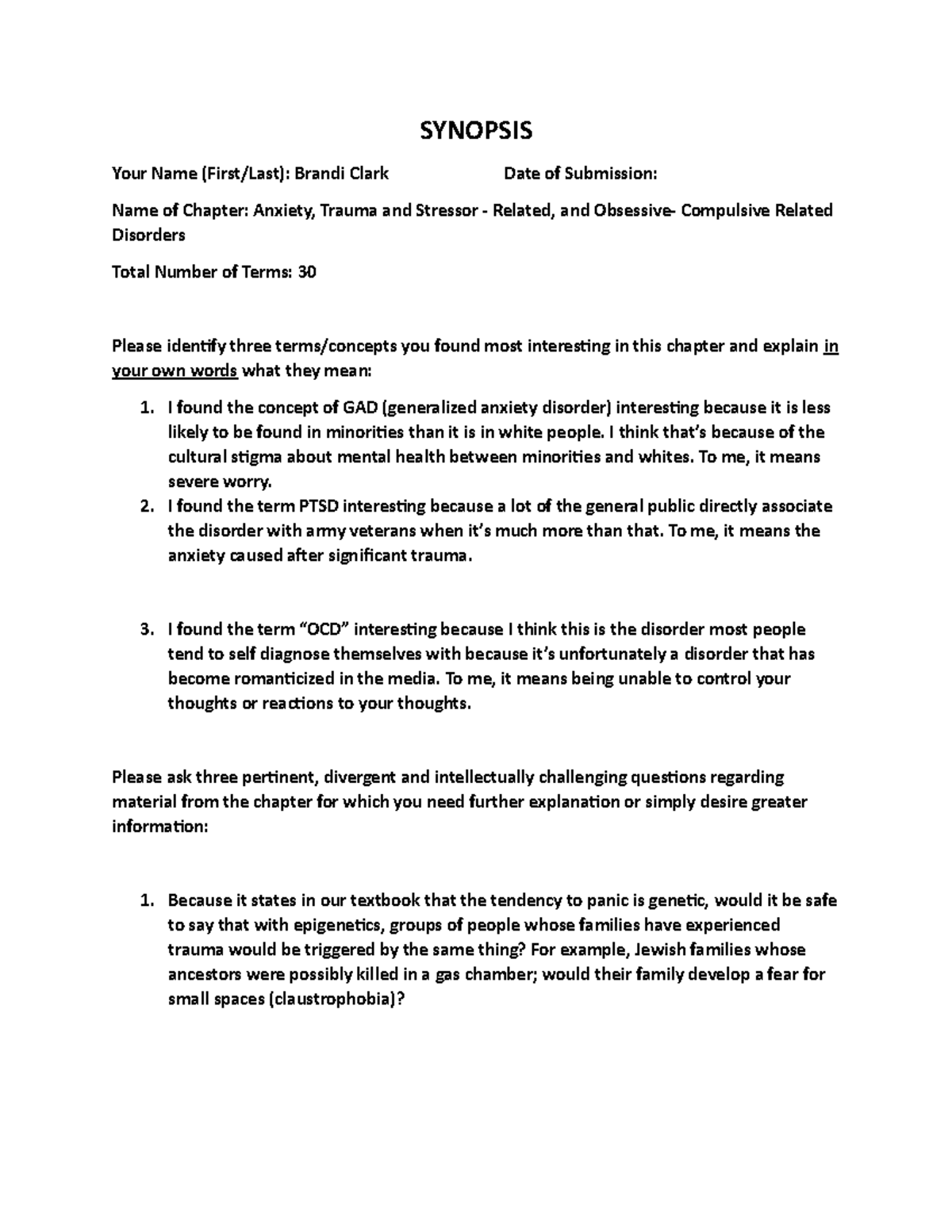 Chapter 5 Synopsis - SYNOPSIS Your Name (First/Last): Brandi Clark Date ...