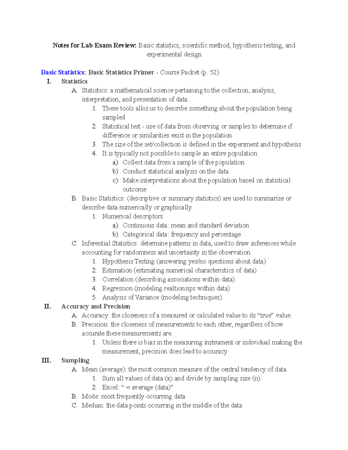 Basic statistics, scientific method, hypothesis testing, and ...