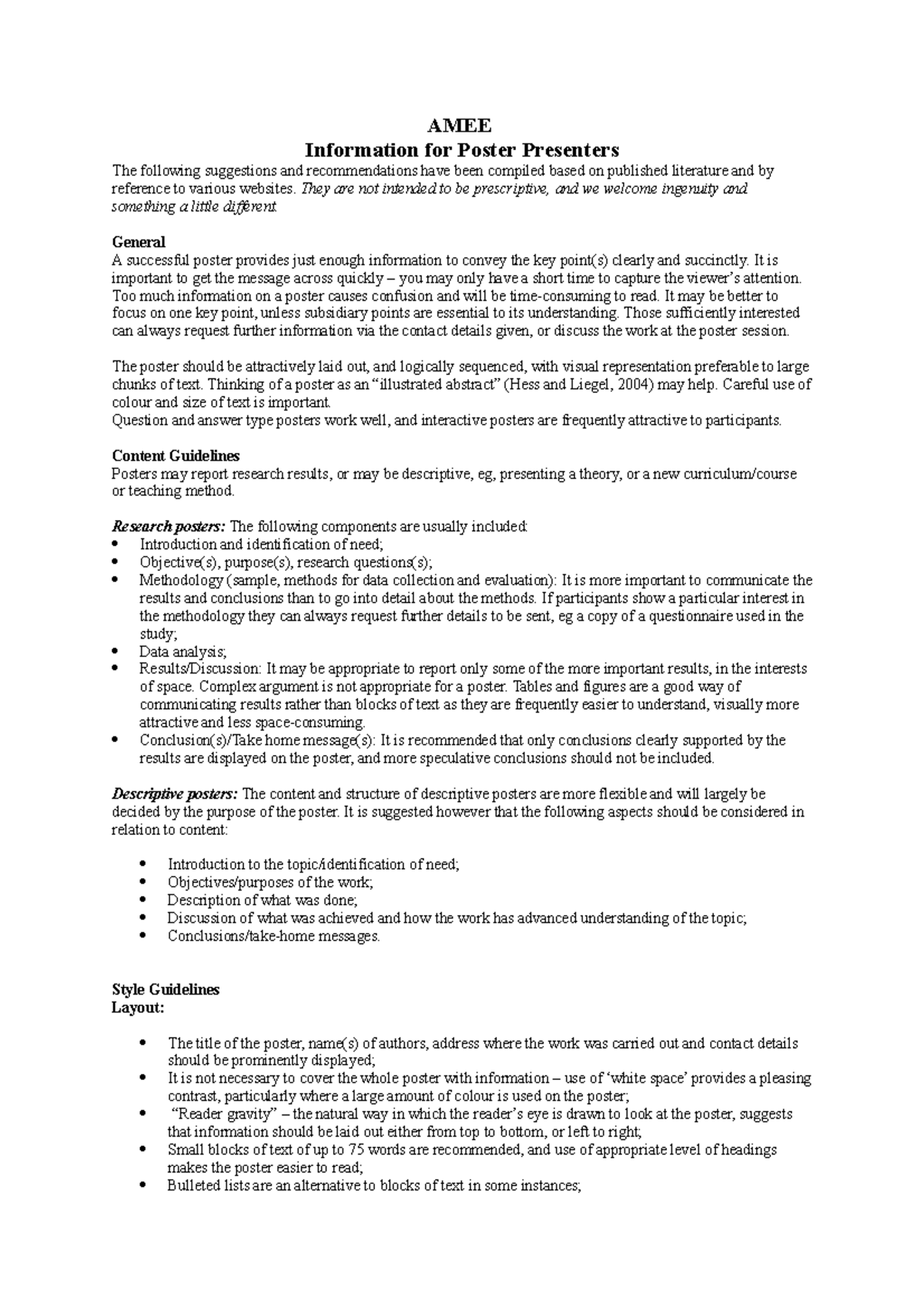 Poster Design - lecture notes - AMEE Information for Poster Presenters ...