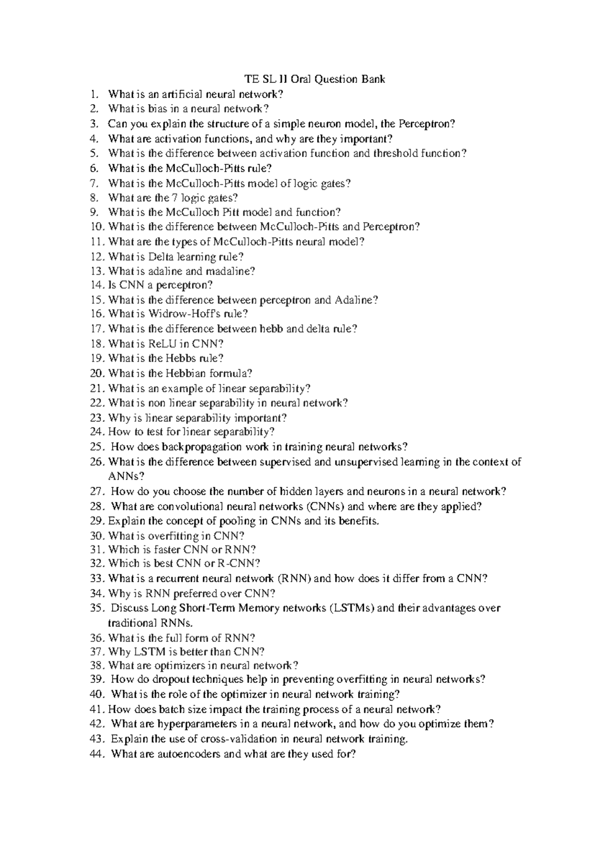 TE SL II Oral Question Bank - TE SL II Oral Question Bank What is an artificial neural network ...