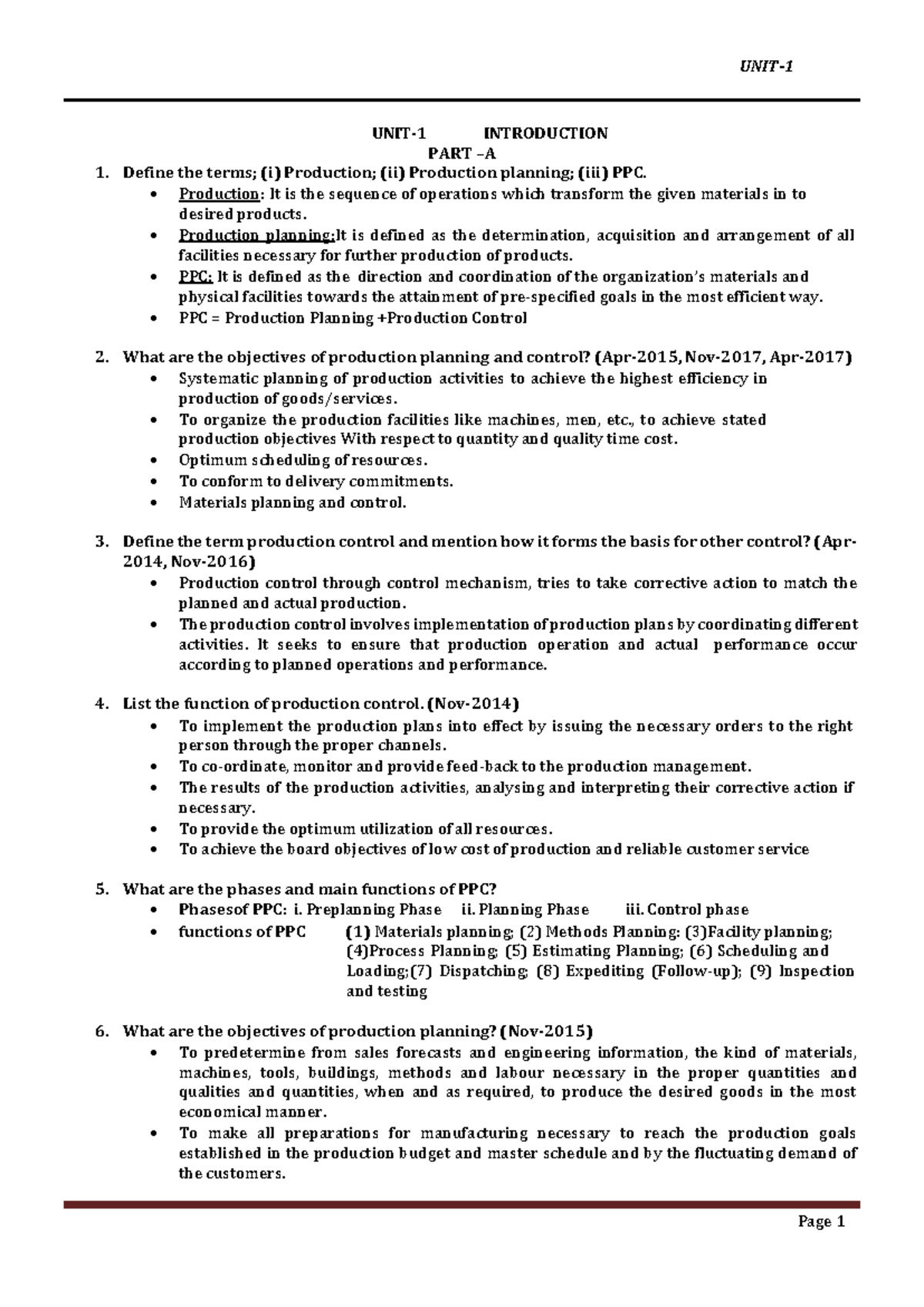 Unit - 1 PPC - Unit 1 PPC - UNIT- 1 INTRODUCTION PART – A Define the terms; (i) Production; (ii ...