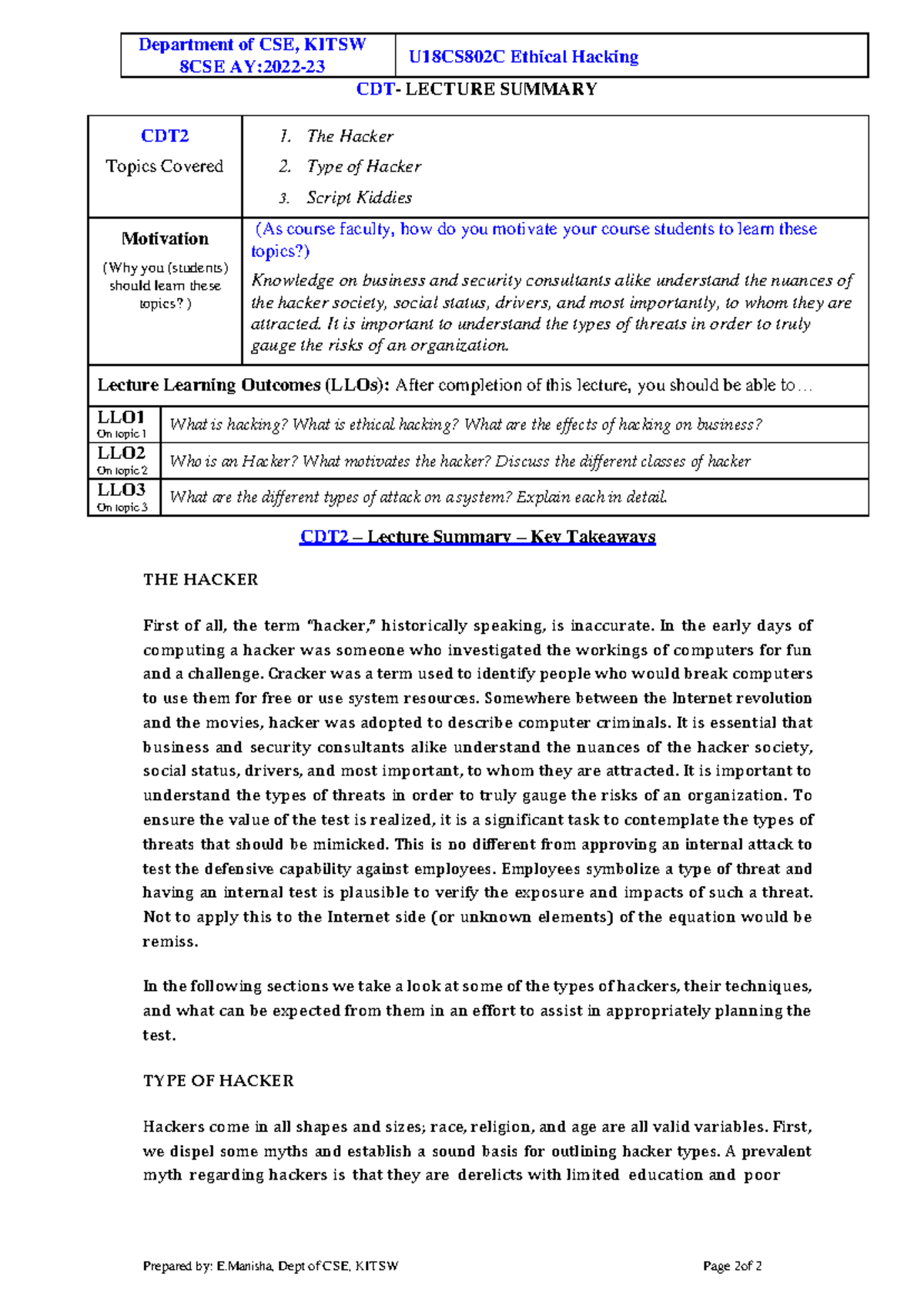 EH U1 CDT2 - The Hacker 2. Type of Hacker 3. Script Kiddies ...