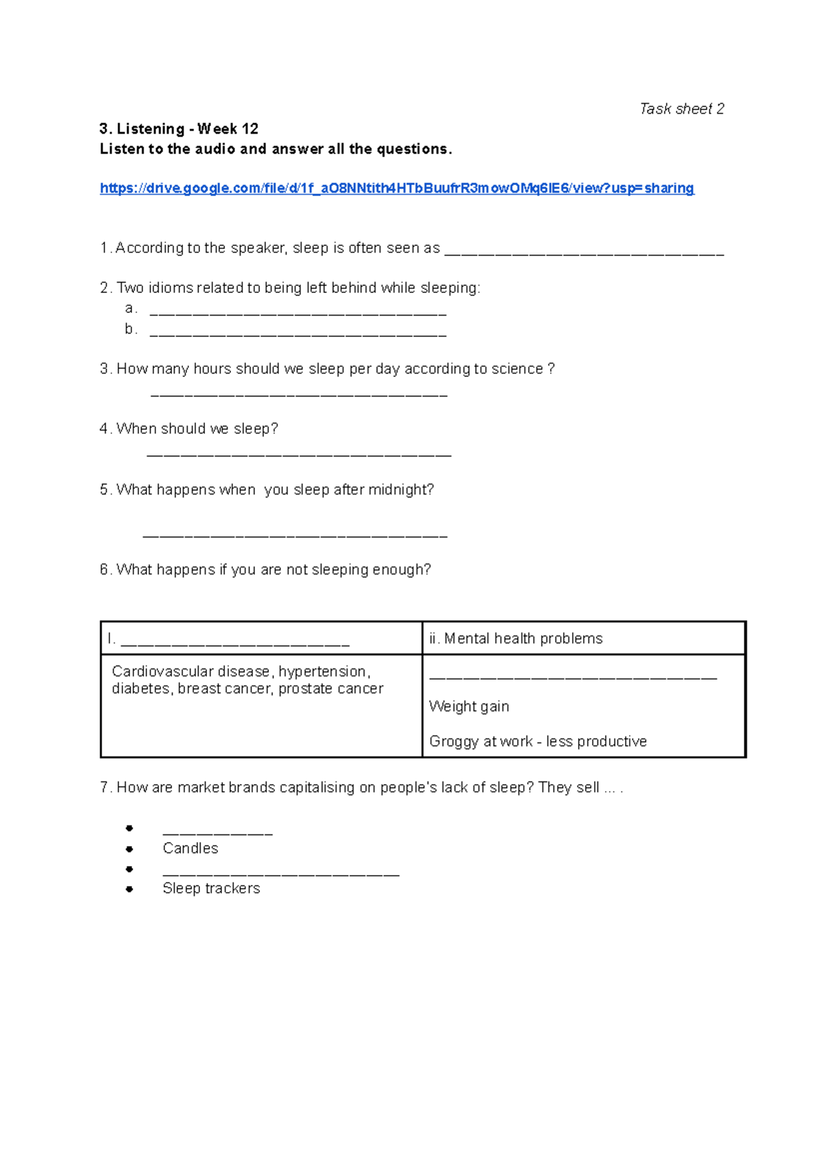 3. Listening - Task sheet Week 12 - Task sheet 2 3. Listening - Week ...