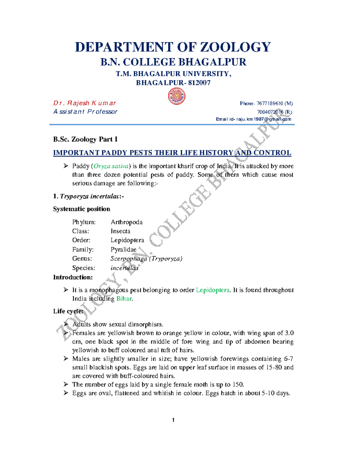 BSc-Zoology-Part-I-Paddy-pests - DEPARTMENT OF ZOOLOGY B. COLLEGE ...