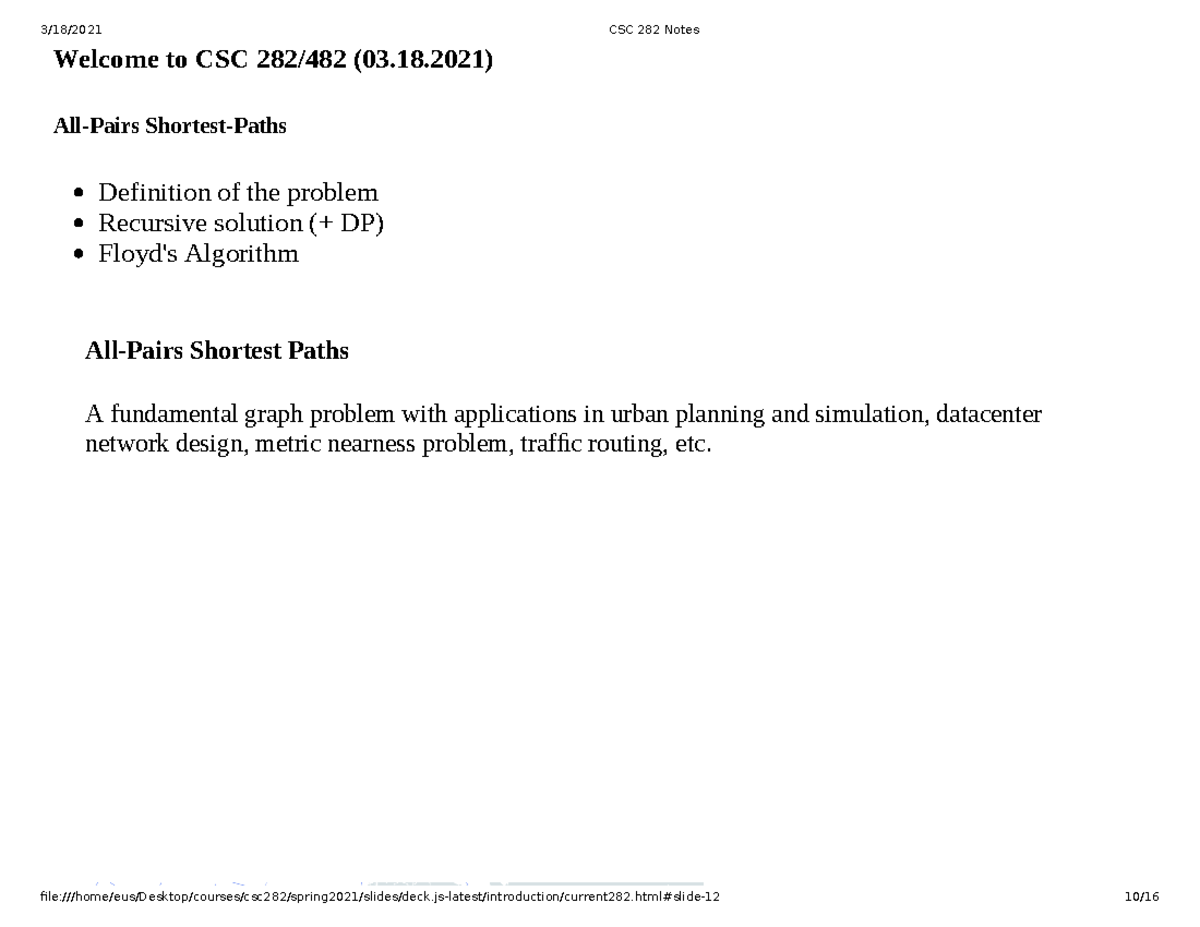 CSC 282 Notes 13 - Welcome to CSC 282/482 (03.18) All-Pairs Shortest ...