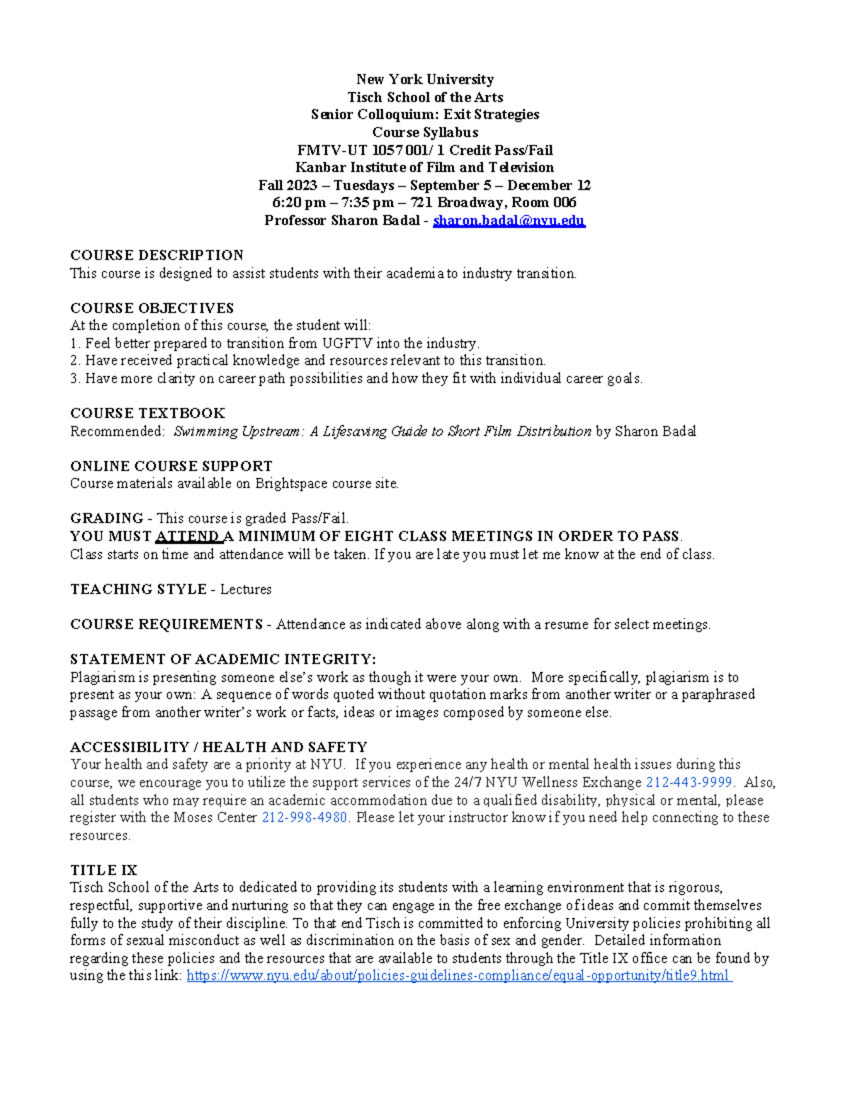 Syllabus - Summary Exit Strategies - New York University Tisch School ...