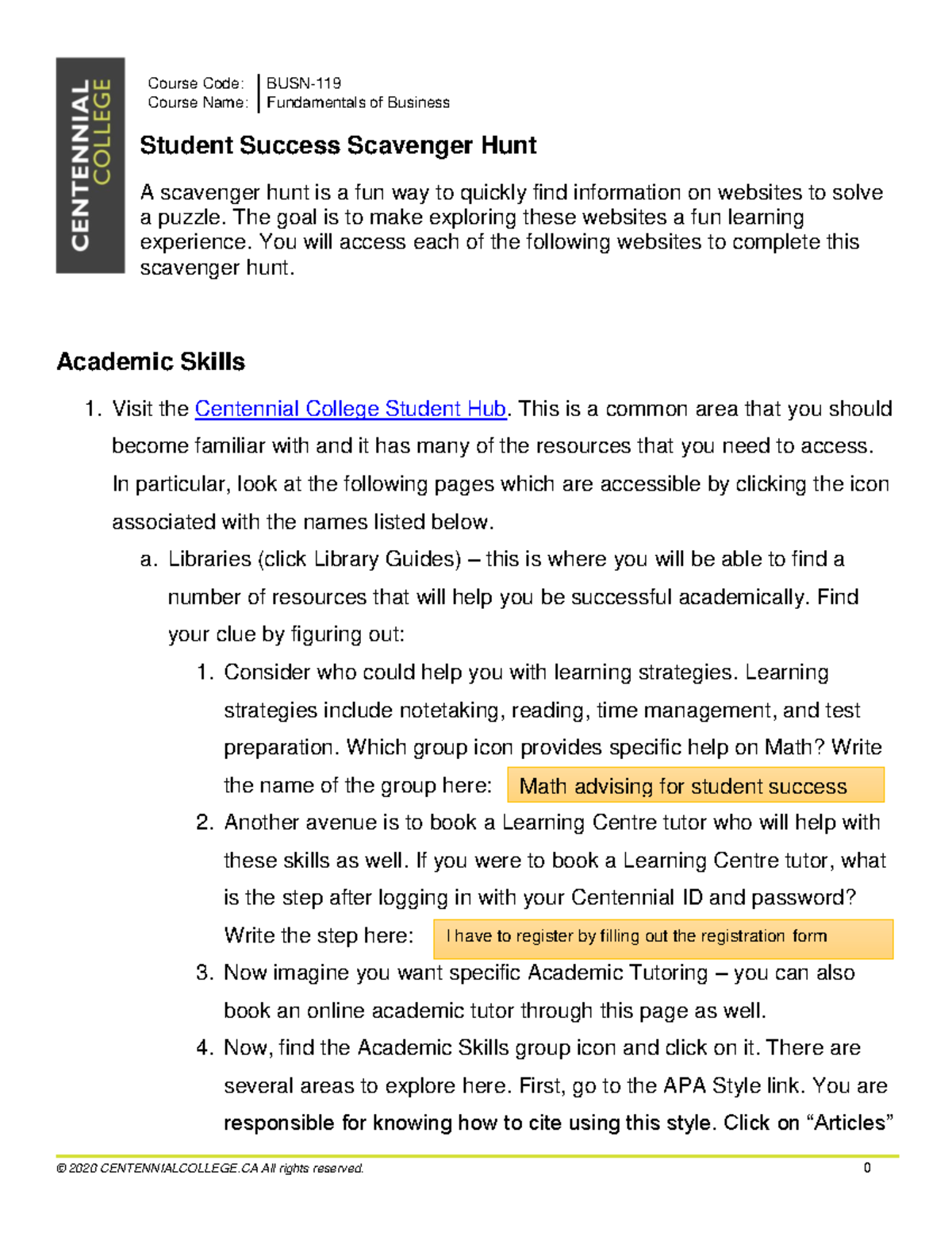 Personal Success Scavenger Hunt Part 1 - © 2020 CENTENNIALCOLLEGE All ...