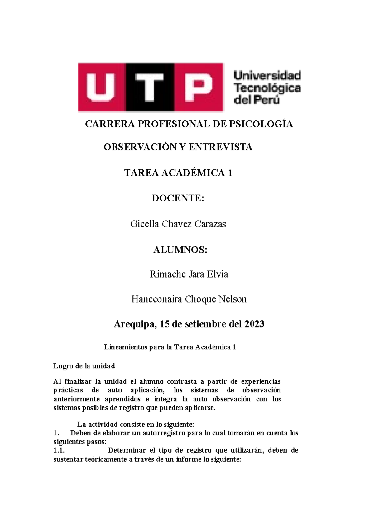 TA1.observacion y entrevista - CARRERA PROFESIONAL DE PSICOLOGÍA ...