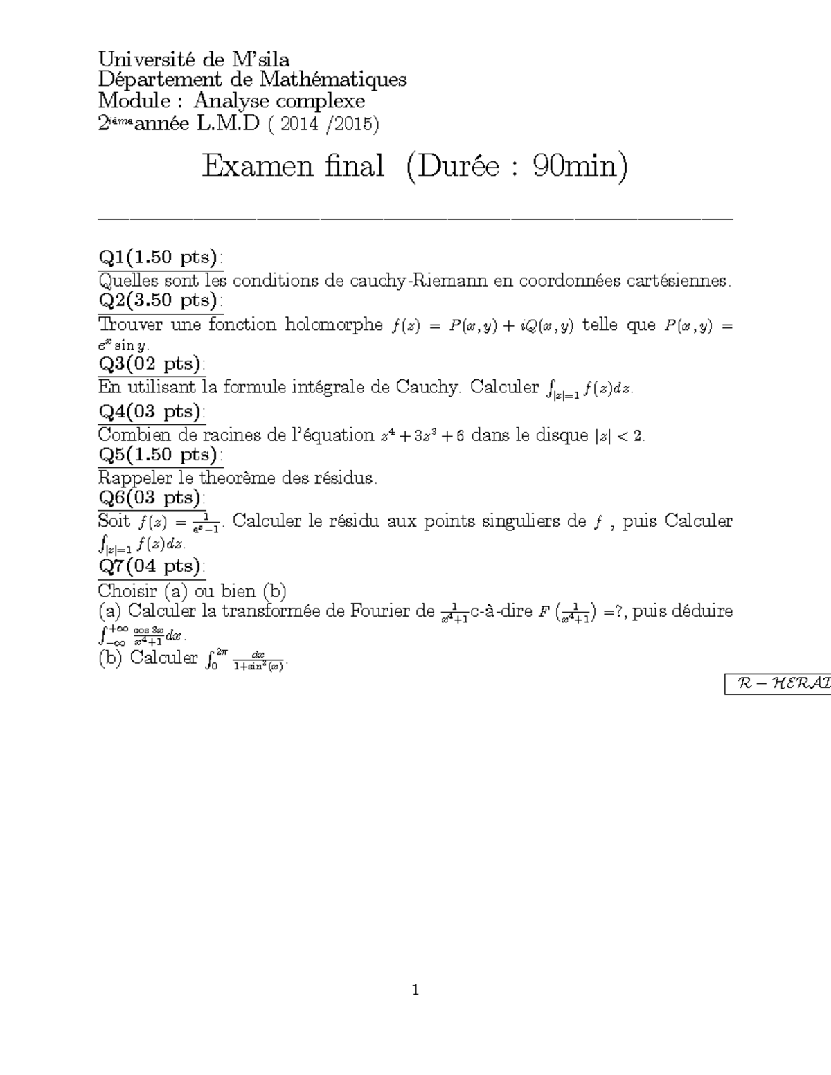 Examens : Analyse complexe - UniversitÈ de Mísila DÈpartement de ...