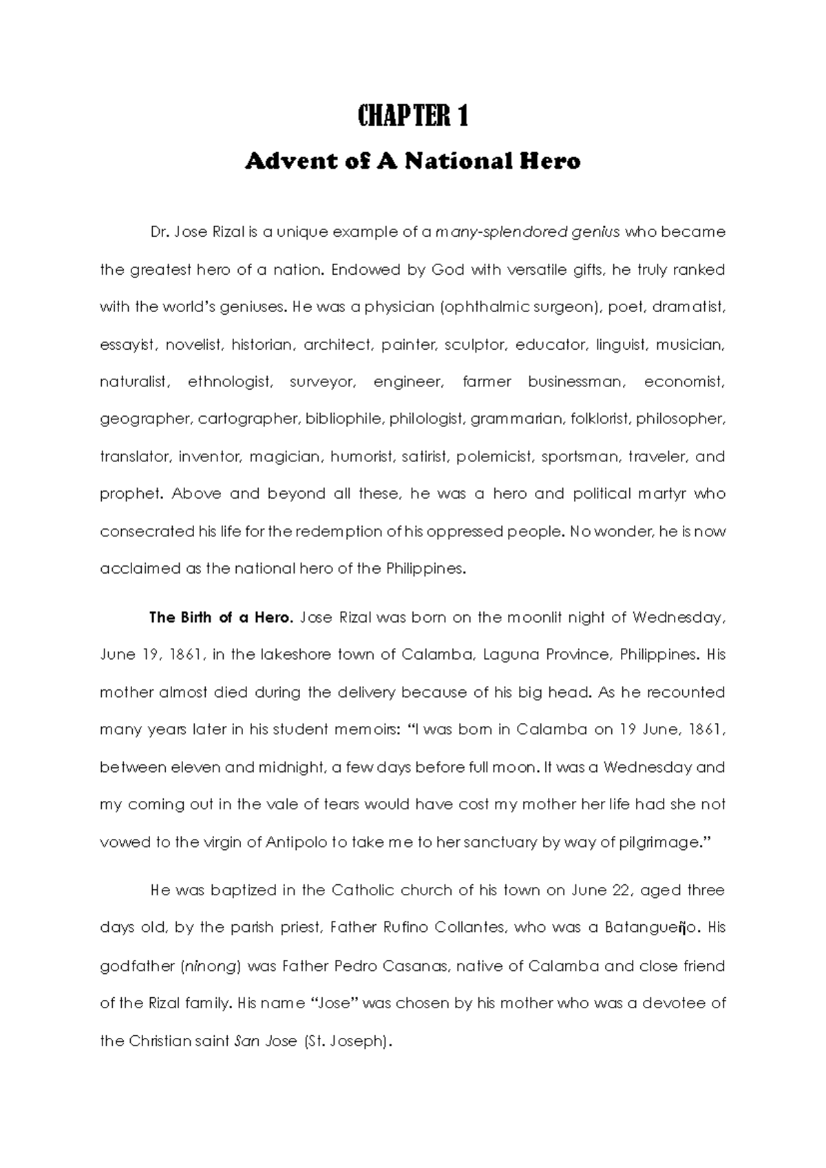 Chapter 1 Jose Rizal - CHAPTER 1 Advent of A National Hero Dr. Jose ...
