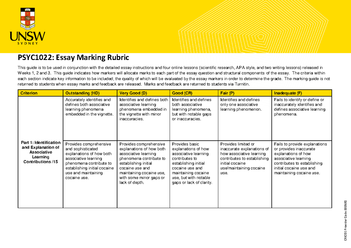 Essay marking guide T3 2023 - PSYC1022: Essay Marking Rubric This guide ...