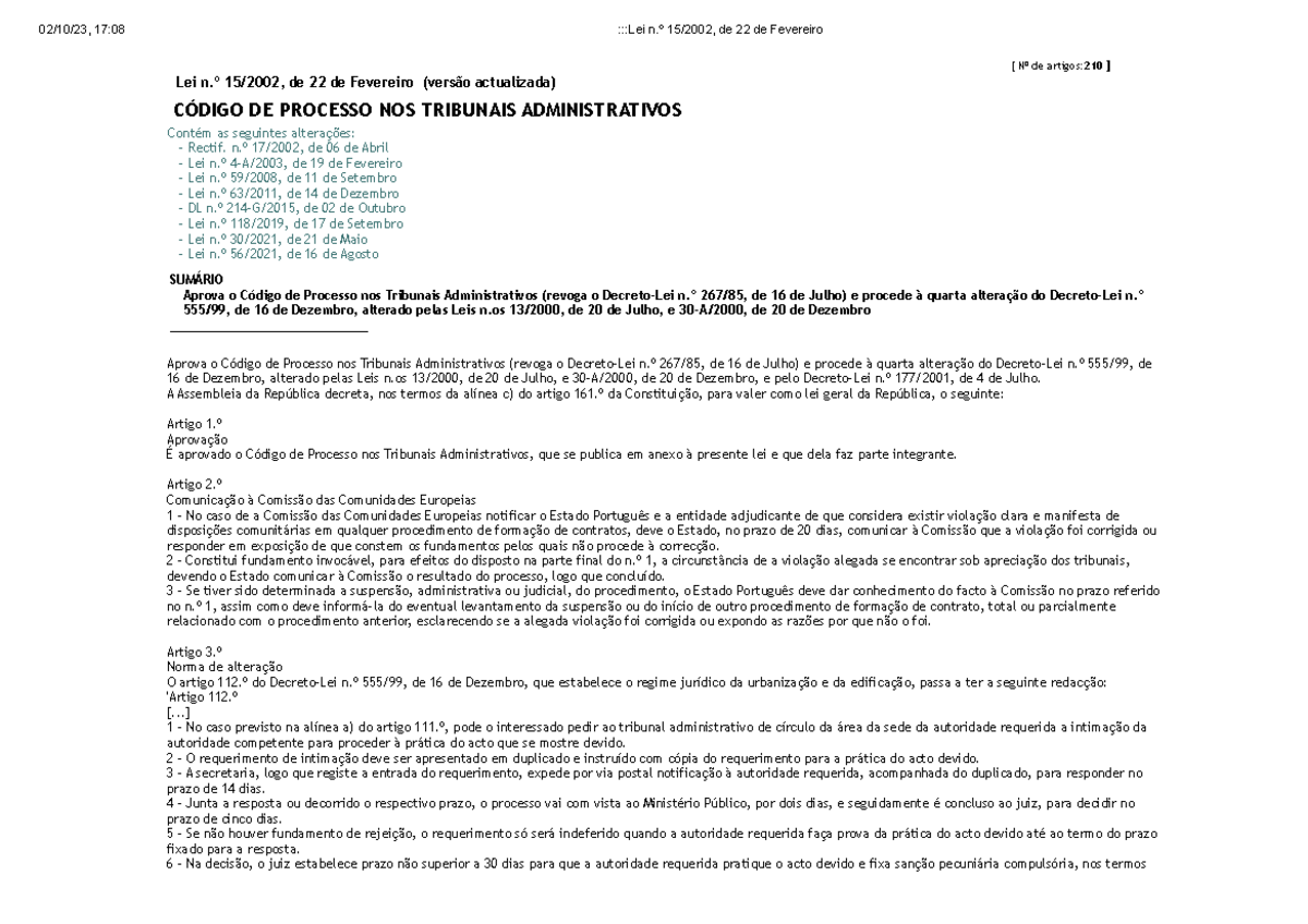 CPTA - resumo - [ Nº de artigos:210 ] Lei n.º 15/2002, de 22 de ...