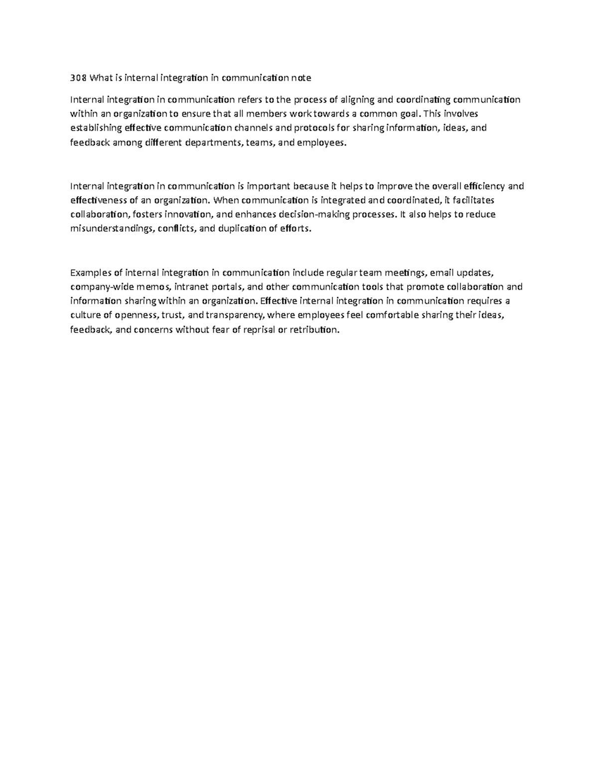 308 What is internal integration in communication note - This involves ...