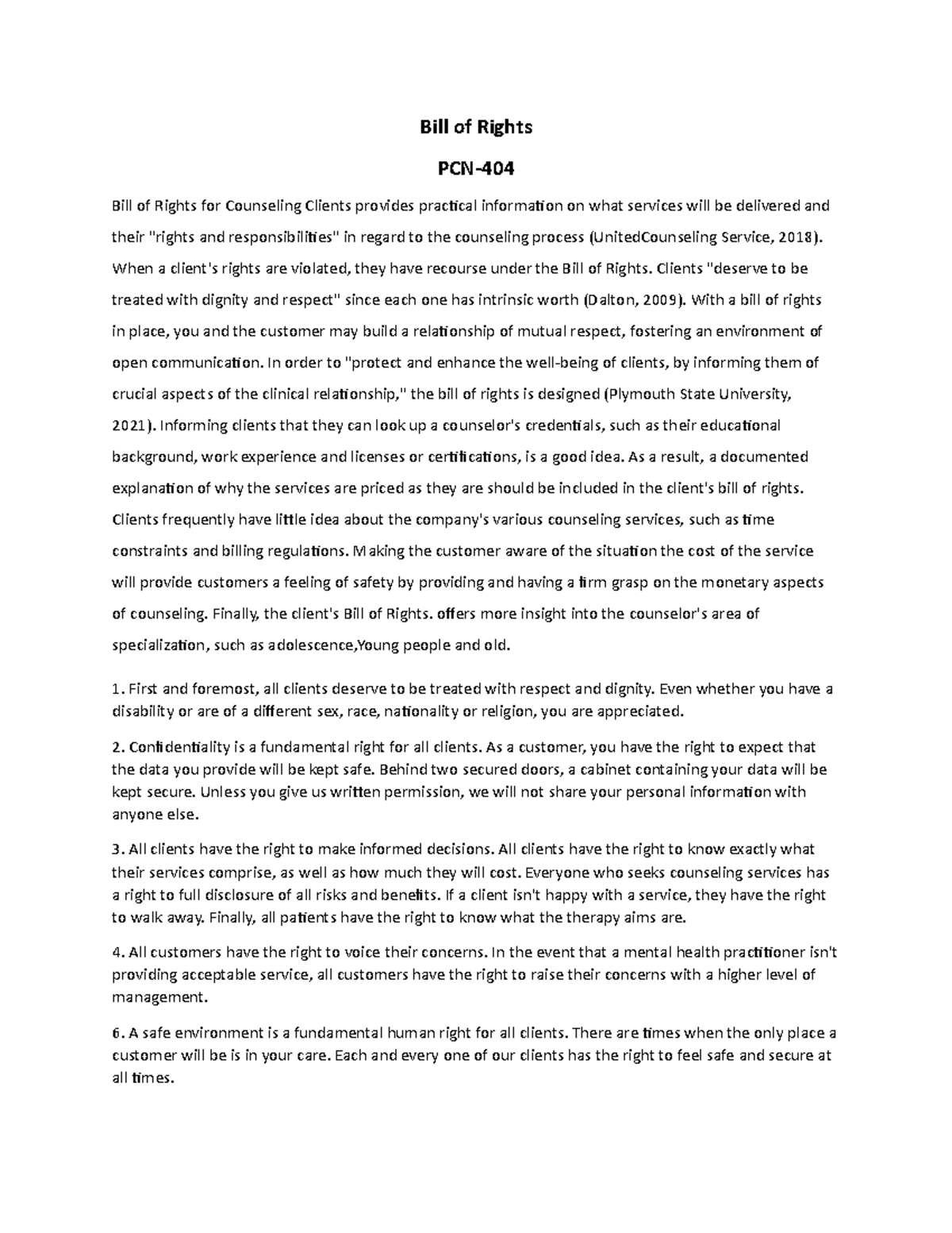 Bill of Rights - Bill of Rights PCN- Bill of Rights for Counseling ...