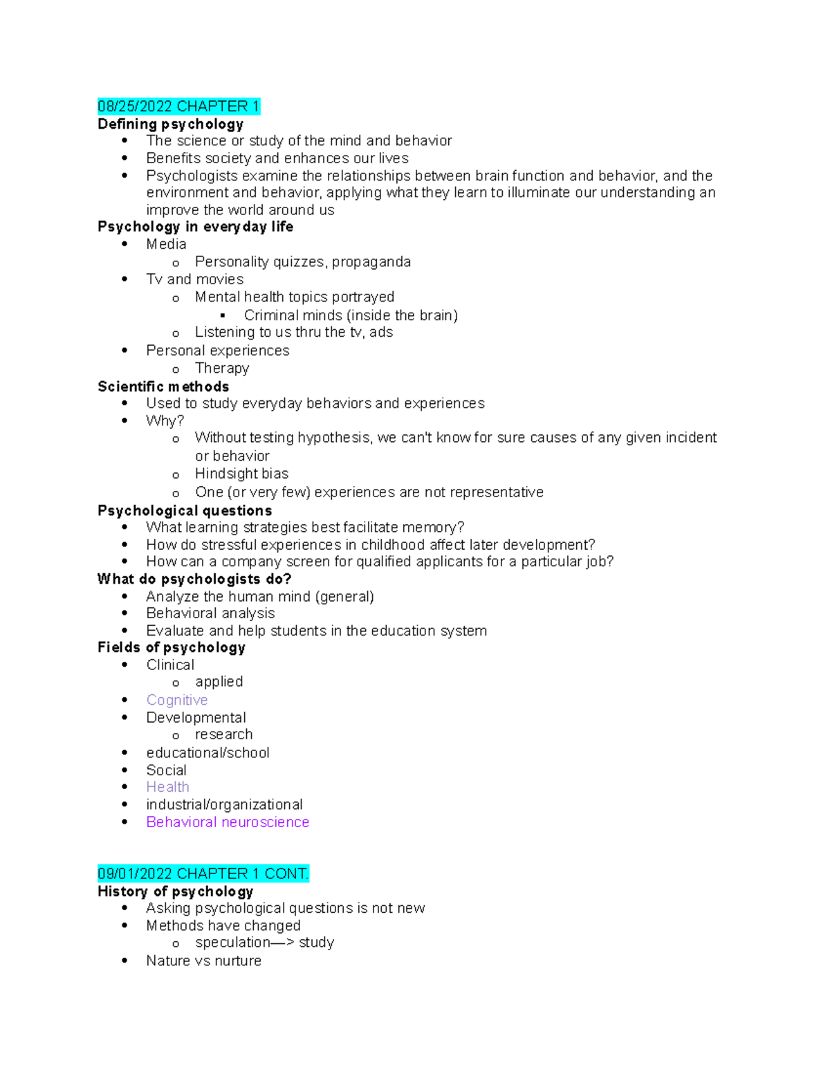 Psych Notes - Dr. Michael Caprino Chapters 1-6 - 08/25/2022 CHAPTER 1 ...