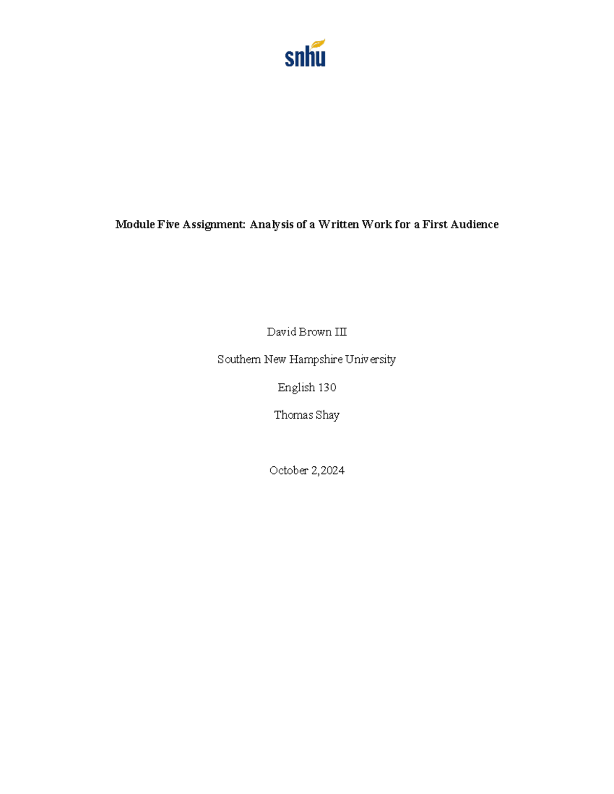 5-1 - Assignment 5-1 - Module Five Assignment: Analysis of a Written ...