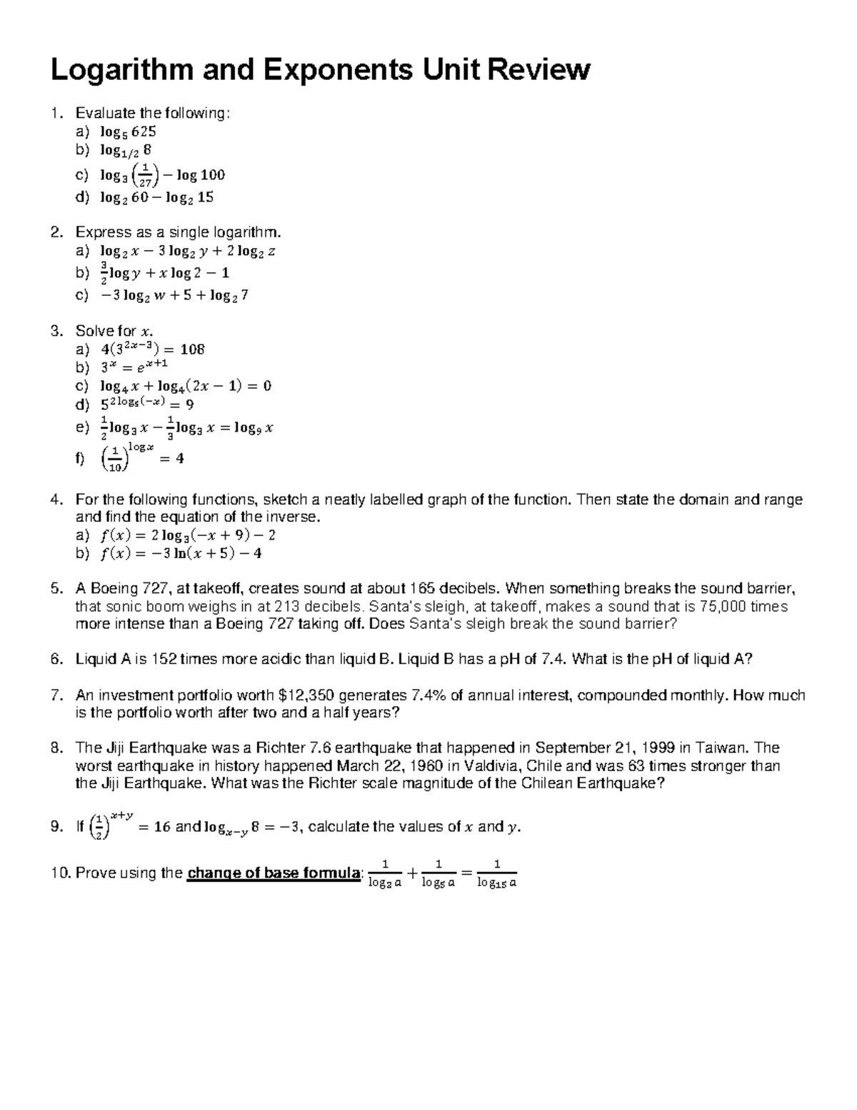 Logarithm and Exponents Unit Review - Logarithm and Exponents Unit ...