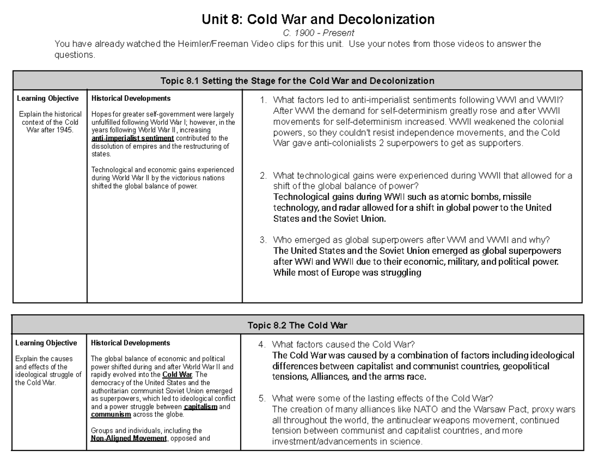 Fatima Merah - Unit 8 Review Packet - Unit 8: Cold War and ...