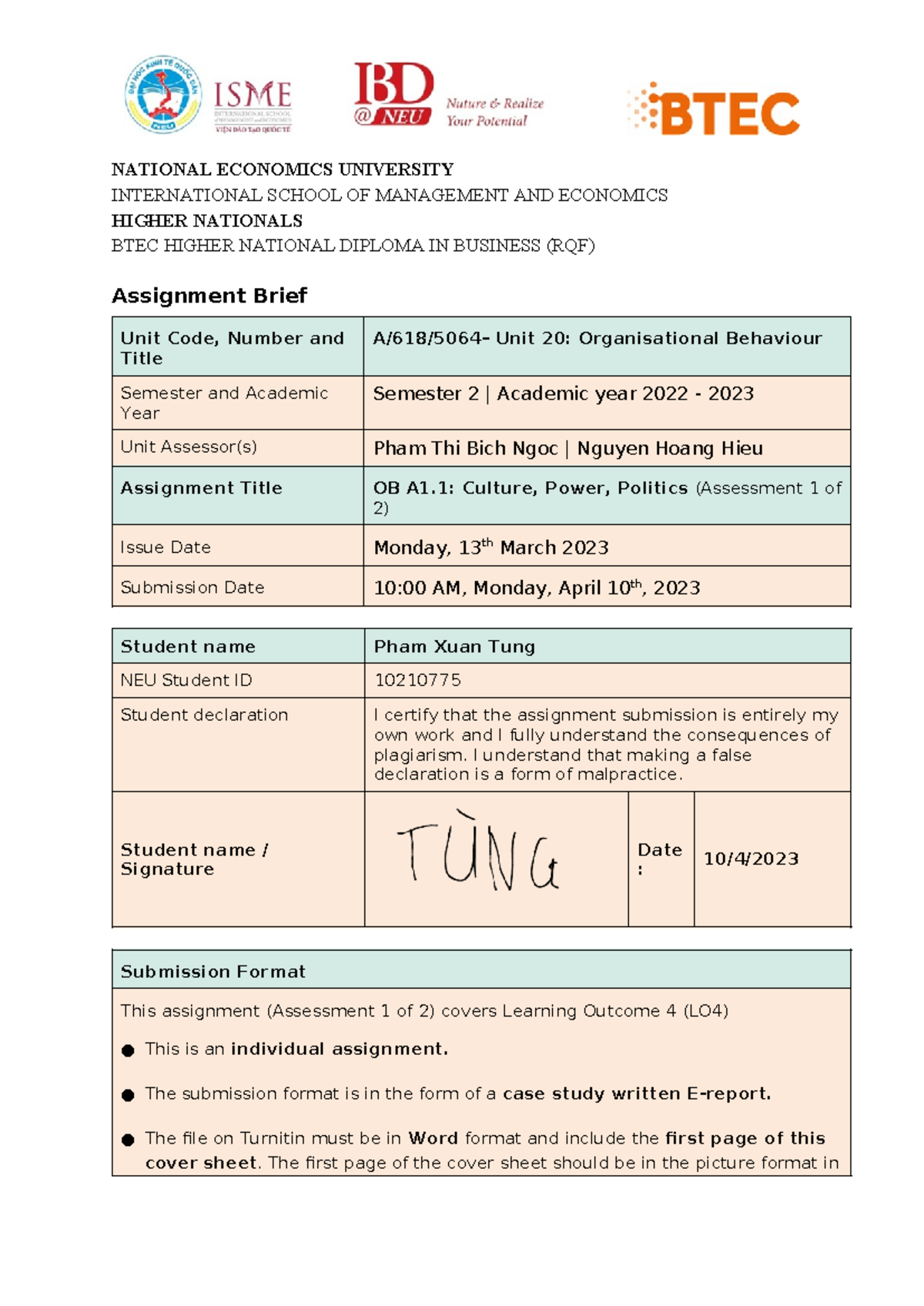OB- Assignment Brief 2023 - NATIONAL ECONOMICS UNIVERSITY INTERNATIONAL ...