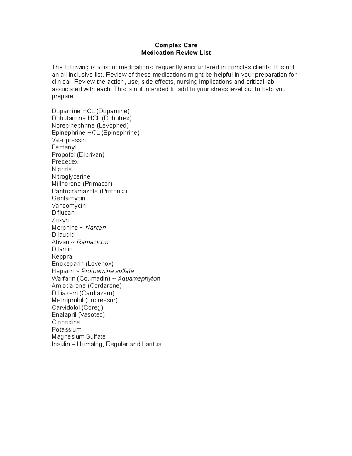 Clinical - Drug Prep List - Complex Care Medication Review List The ...
