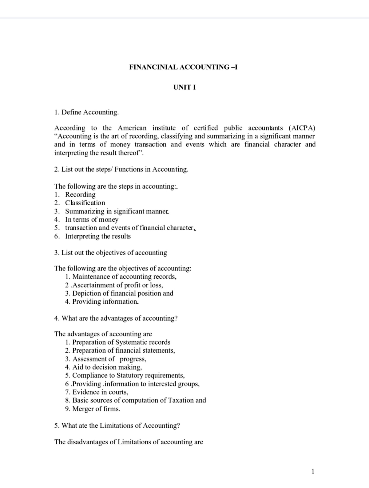 B.com Financial accounting unit 1 - FINANCINIAL ACCOUNTING UNIT I 1 ...