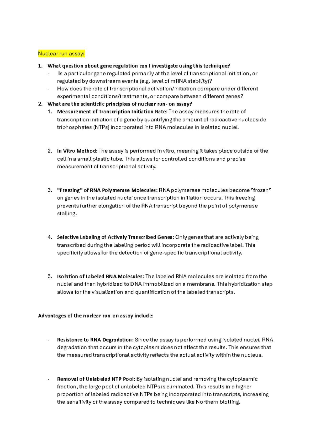 Nuclear run assay - The tecniques of GTS 351 - Nuclear run assay: What question about gene - Studocu