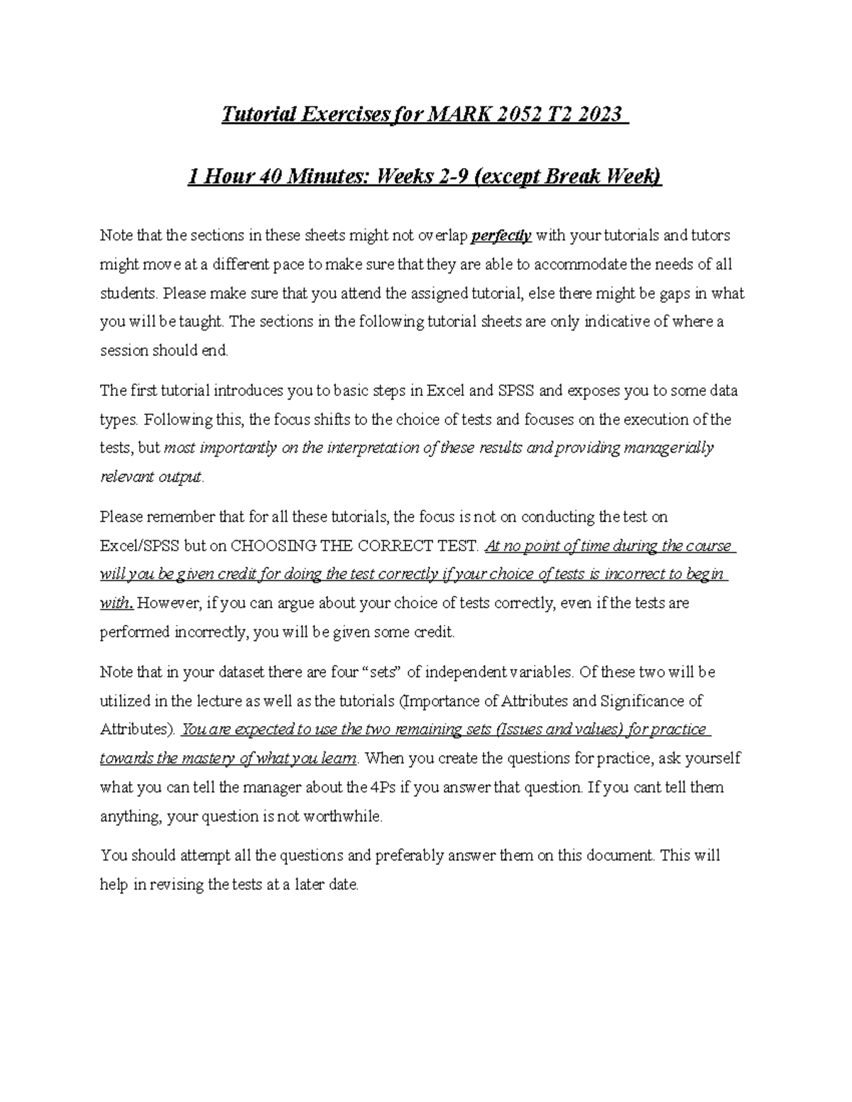 MARK2052 Tutorial Worksheet - Tutorial Exercises for MARK 2052 T2 2023 ...
