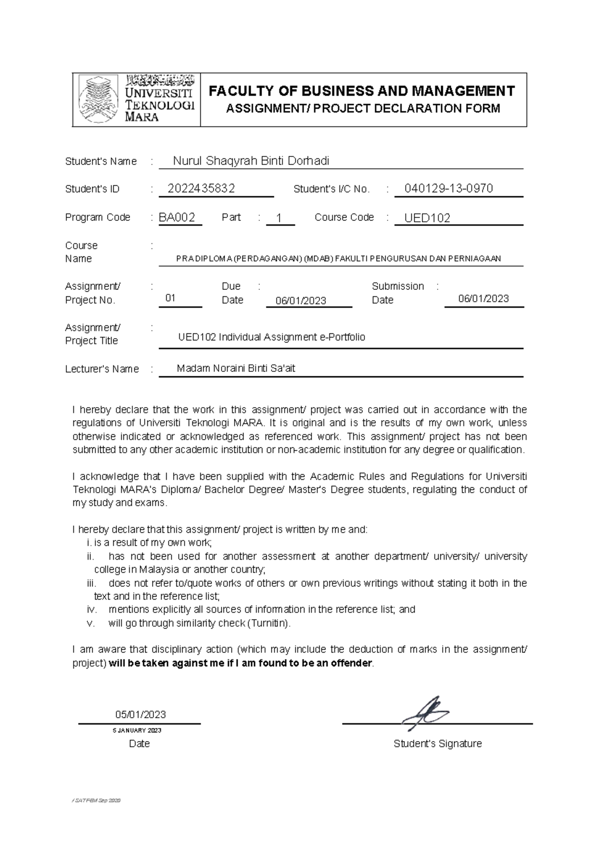 Assignment Declaration Form - / SAT FBM Sep 2020 FACULTY OF BUSINESS ...