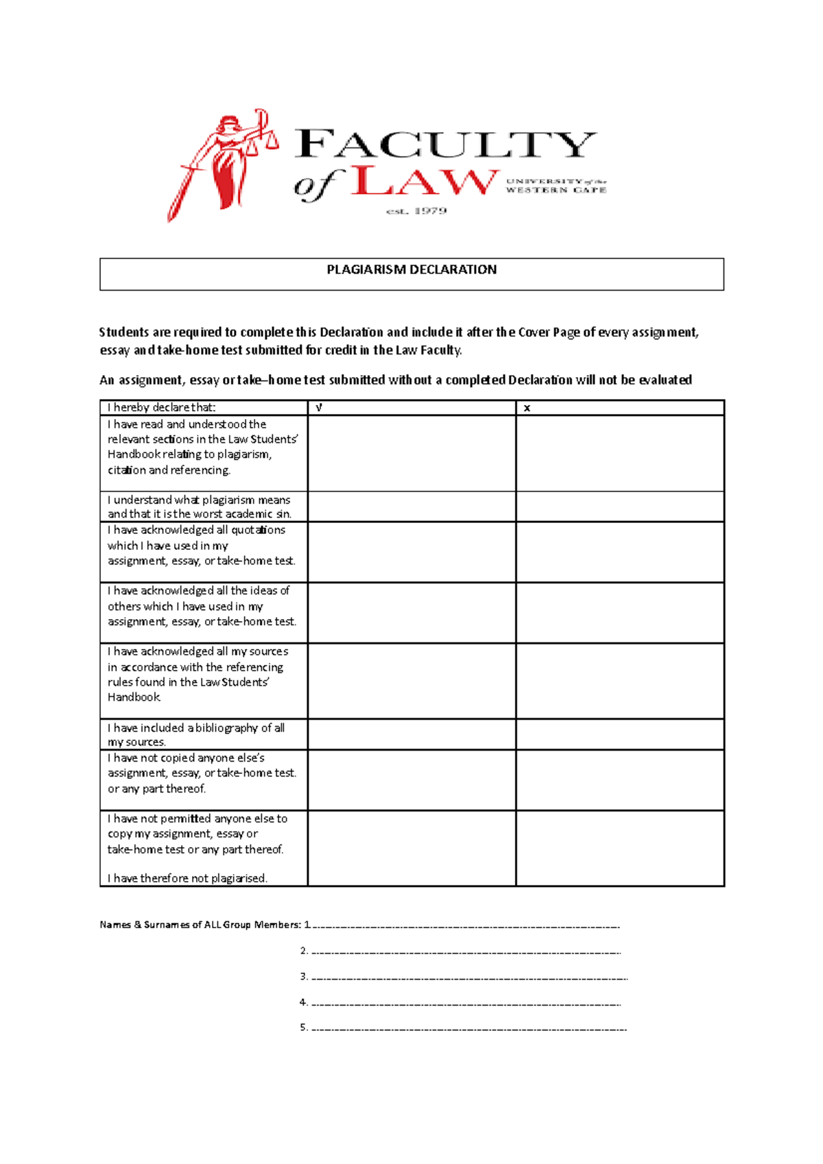 Plagiarism Declaration LOP - Students are required to complete this ...