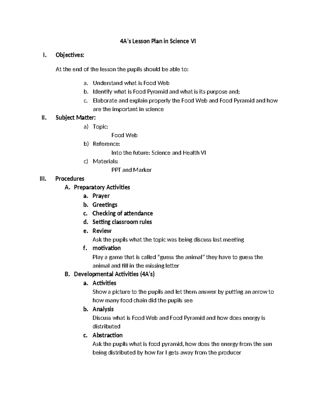 Science 6 4A's - lesson plan - 4A’s Lesson Plan in Science VI I ...