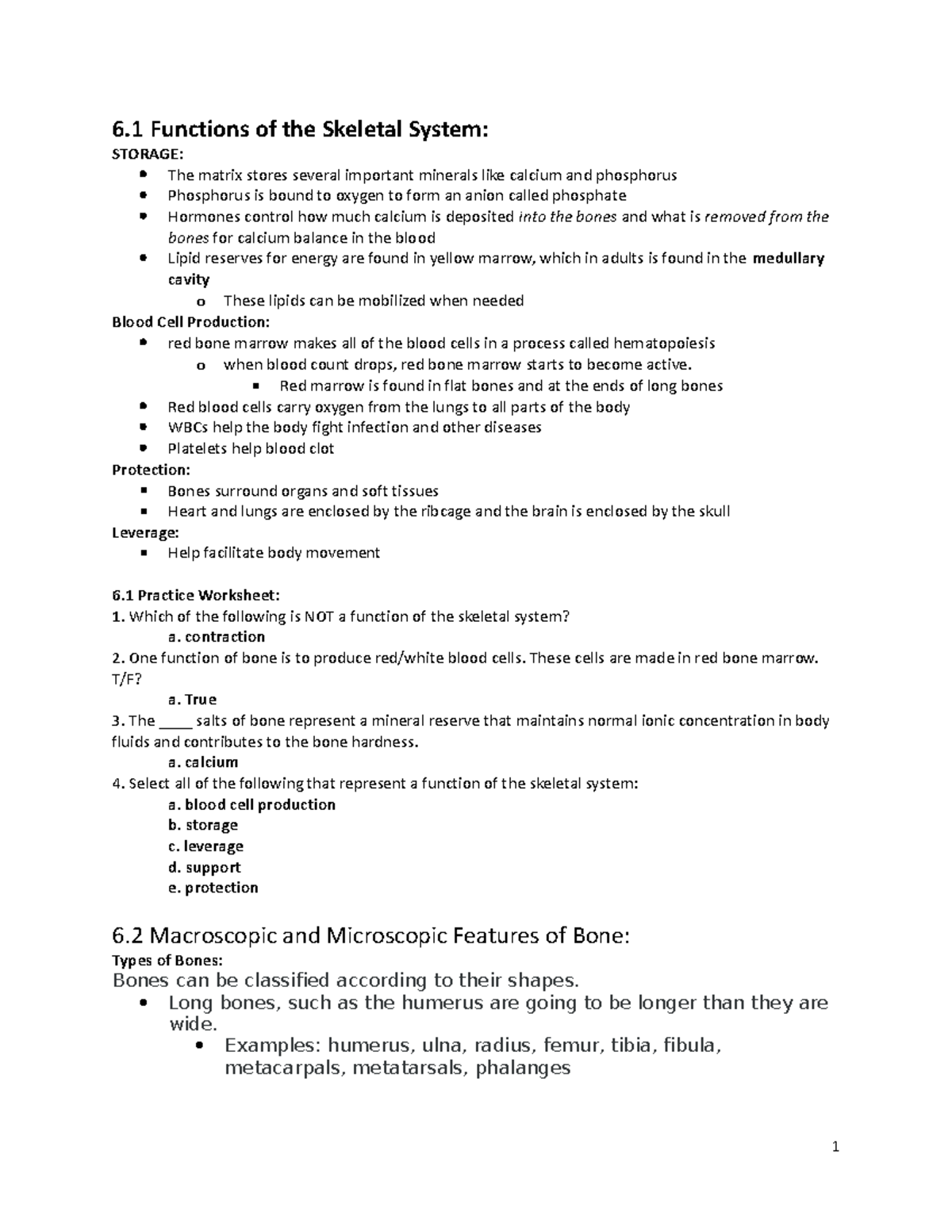 6 lecture notes - 6 Functions of the Skeletal System: STORAGE: The ...