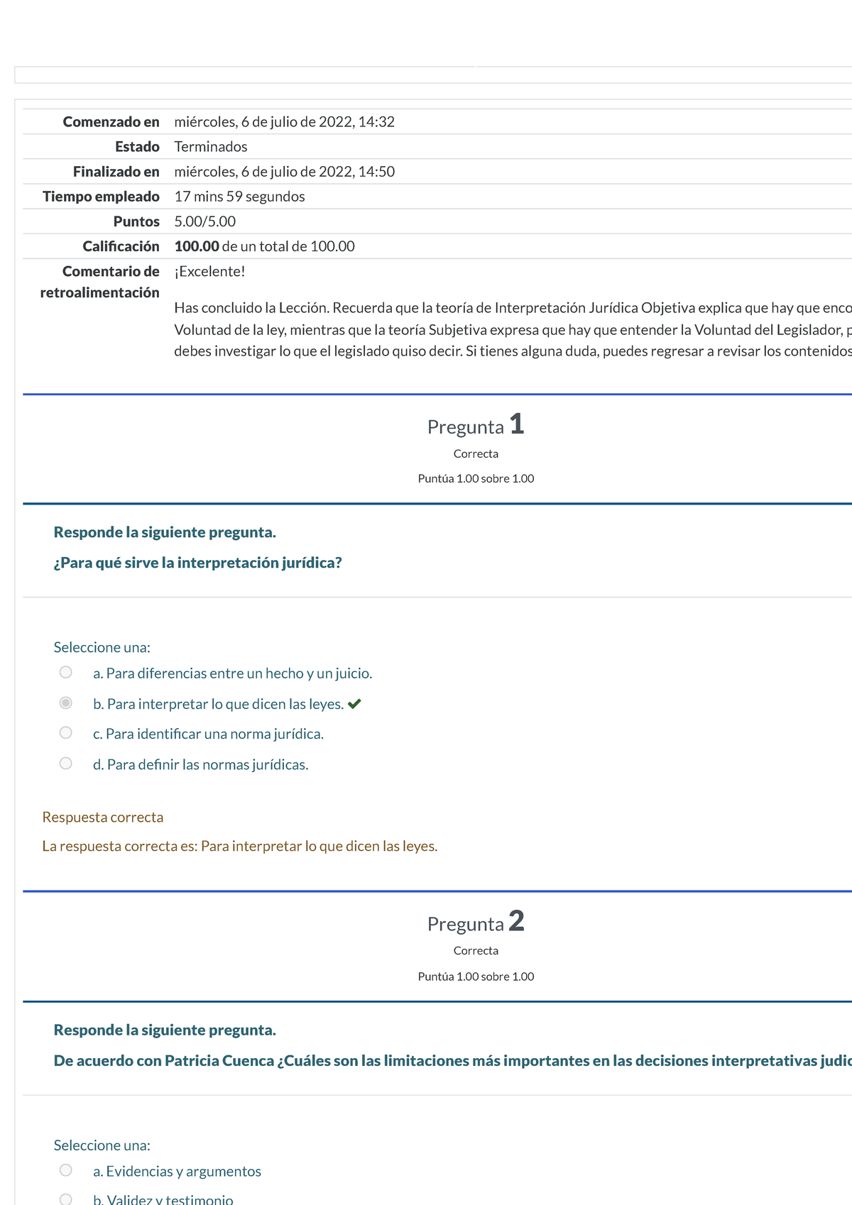 Examen L6. Problemas en la aplicación del Método de interpretación - Comenzado en miércoles, 6 ...